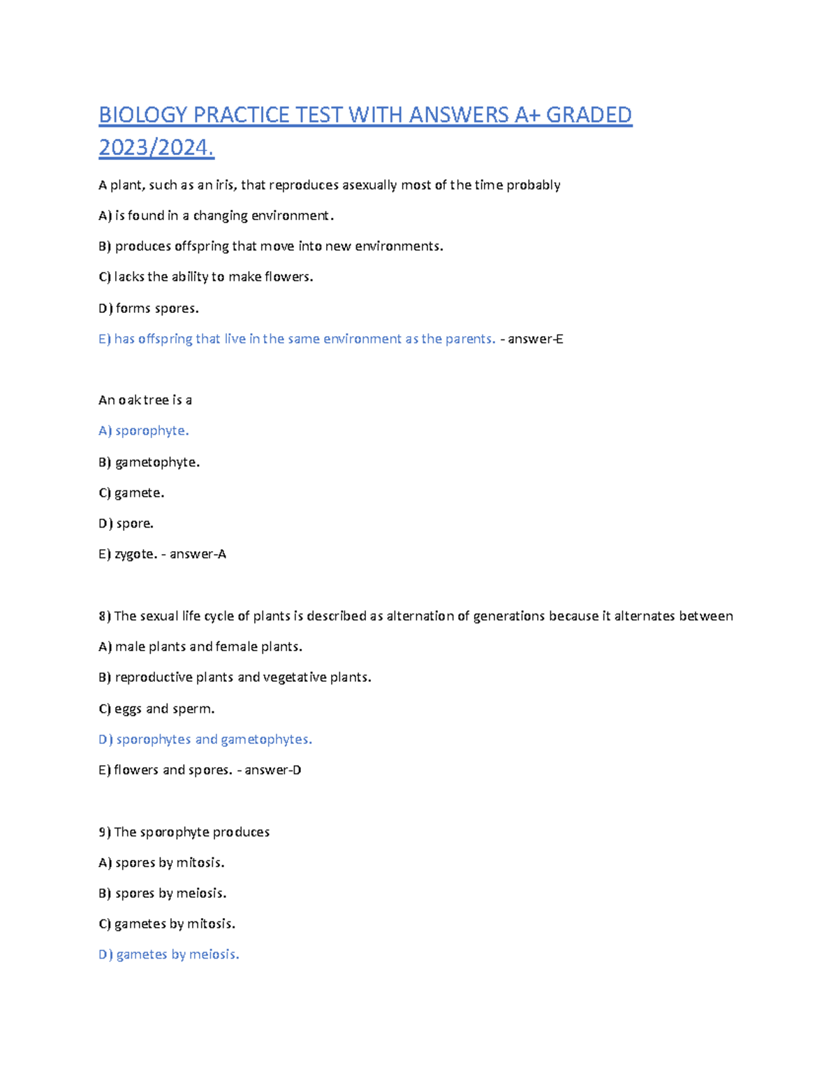 Biology Practice TEST WITH Answers A - BIOLOGY PRACTICE TEST WITH ...