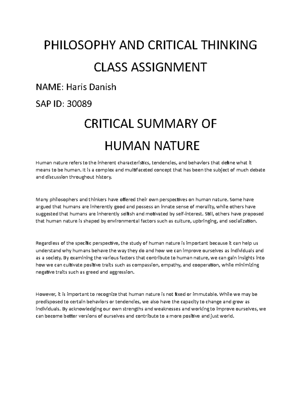 Class Assignment Edited - PHILOSOPHY AND CRITICAL THINKING CLASS ...
