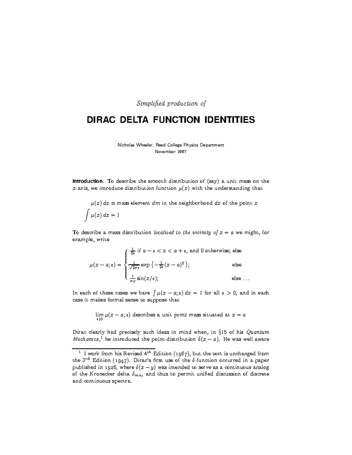 Simplified Dirac Delta - Simplified production of DIRAC DELTA FUNCTION IDENTITIES Nicholas ...