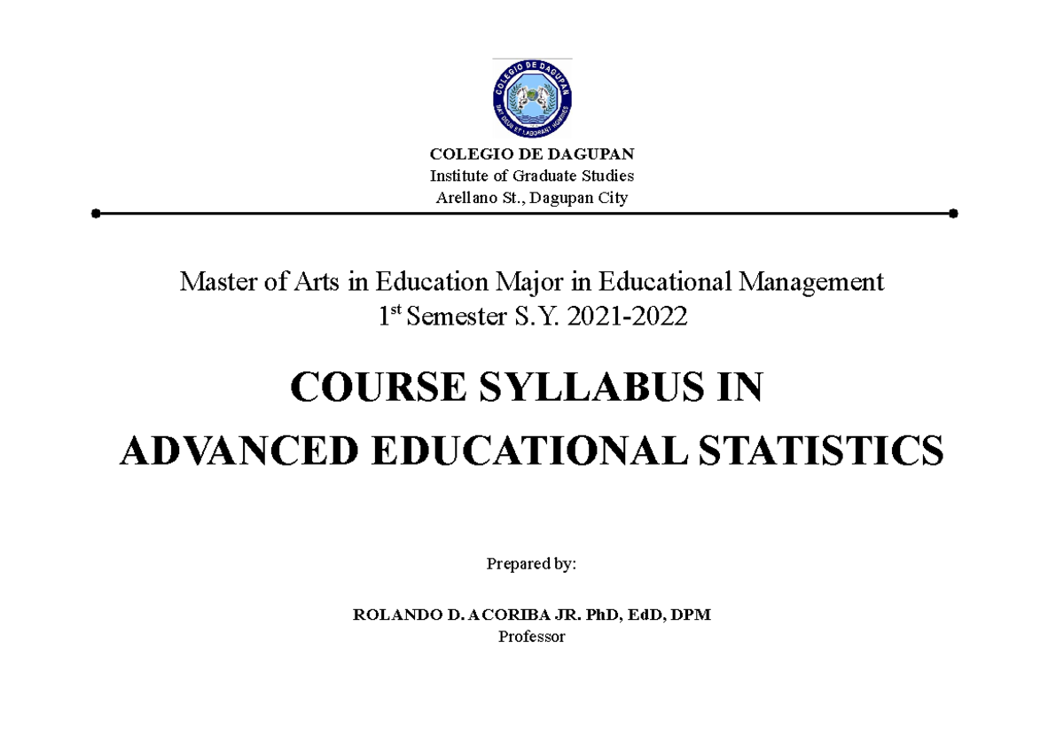 Course Syllabus in Advanced Educational Statistics - Motivational - CDD ...