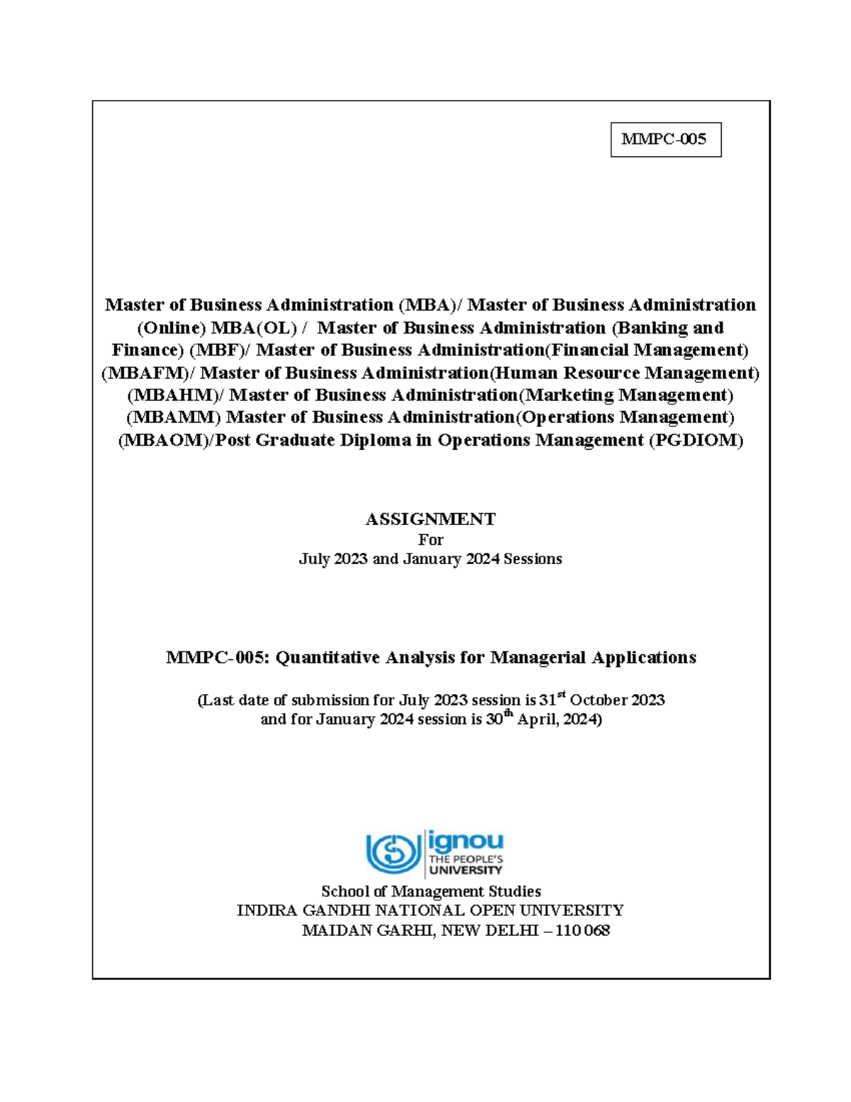 MMPC-005 - Attached - Master of Business Administration (MBA)/ Master of Business Administration ...