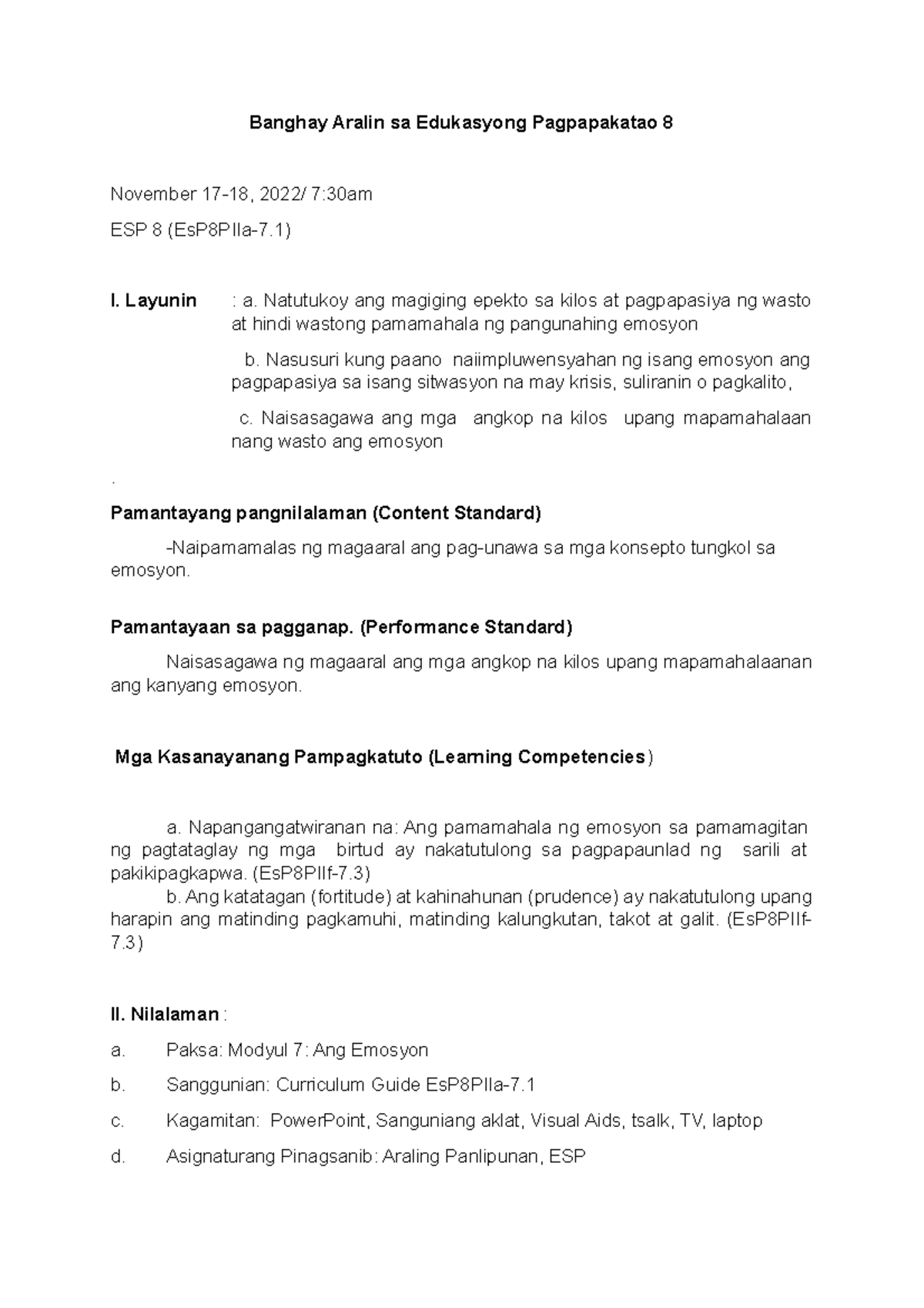 Banghay Aralin ESP Emosyon - Banghay Aralin sa Edukasyong Pagpapakatao ...
