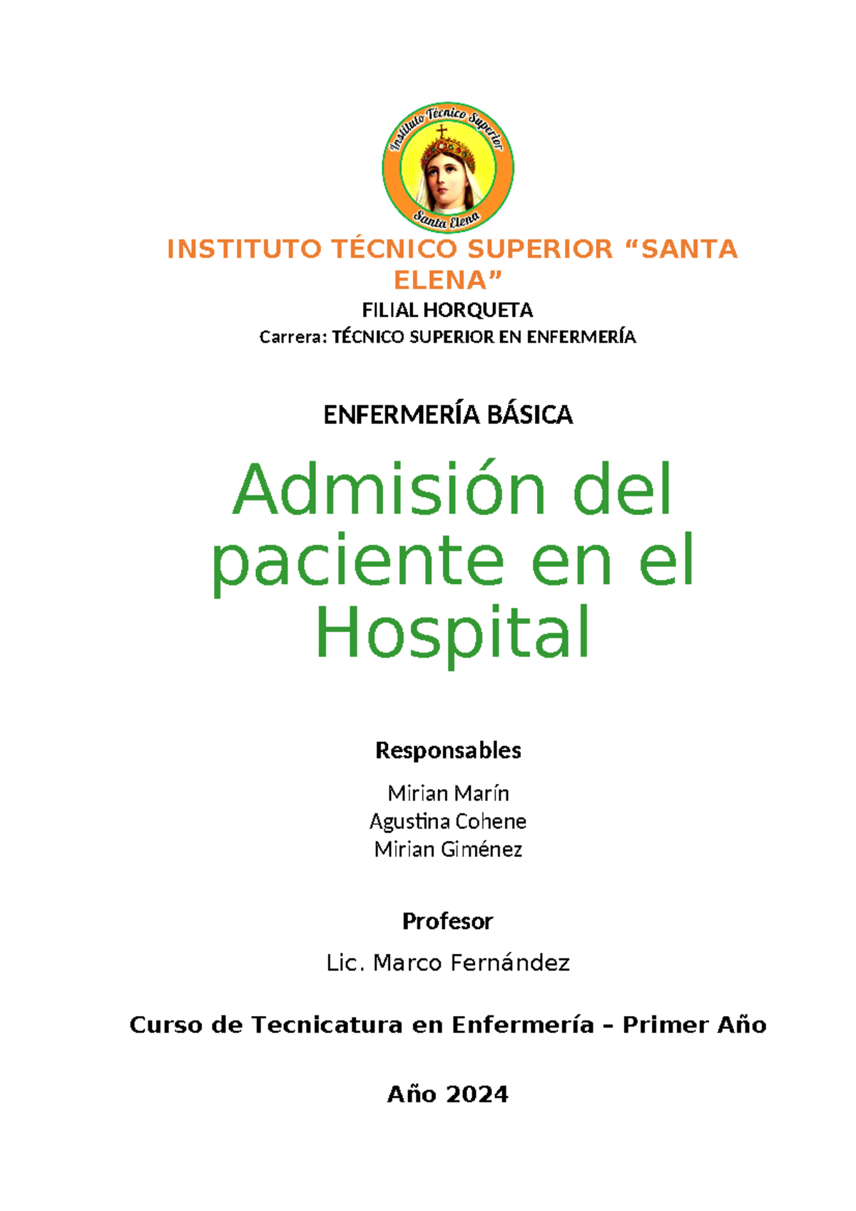 Admisión del paciente en el Hospital - INSTITUTO TÉCNICO SUPERIOR ...