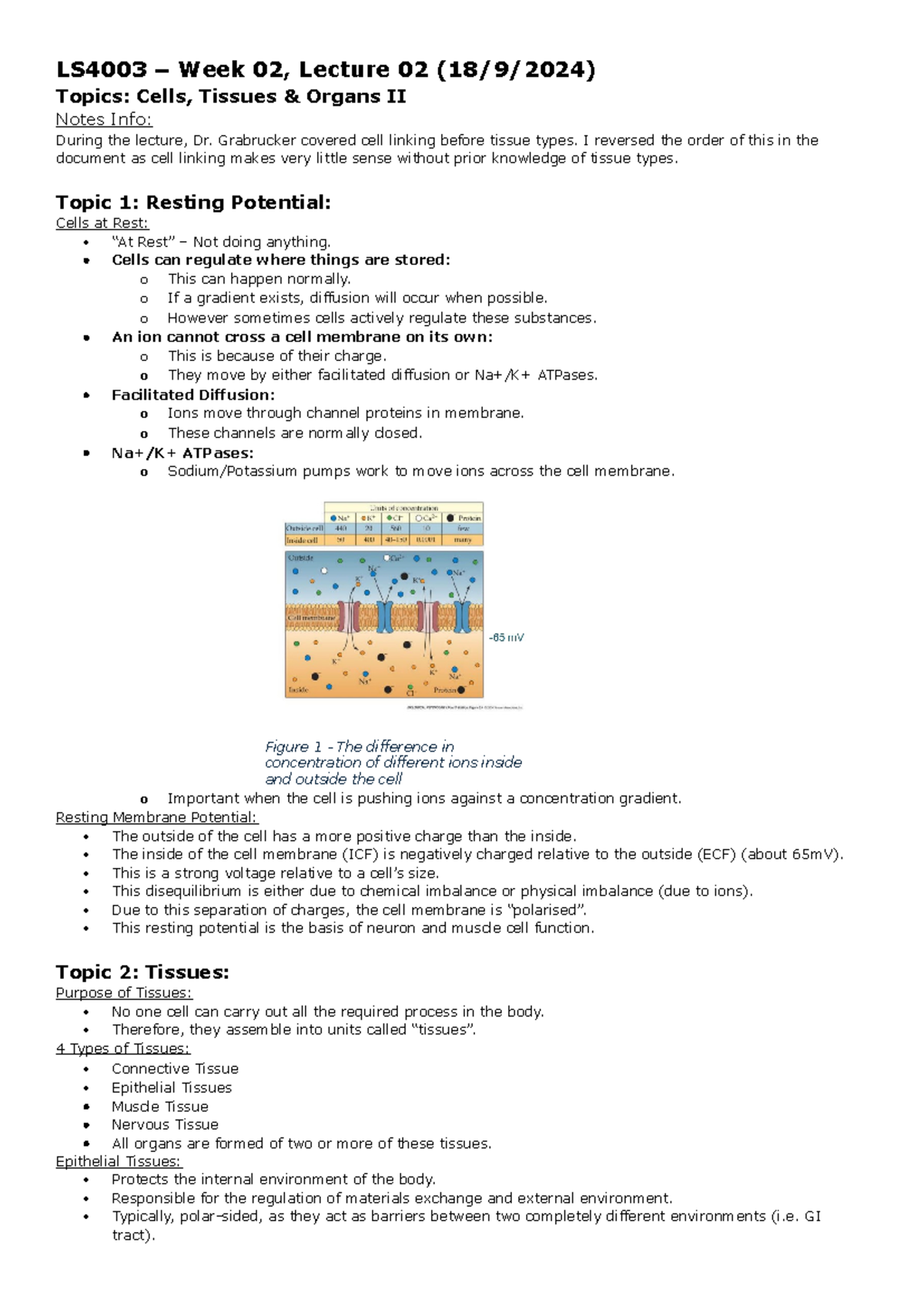 LS4003 Week 02 Lecture 02 - LS4003 – Week 02, Lecture 02 (18/9/2024) Topics: Cells, Tissues ...