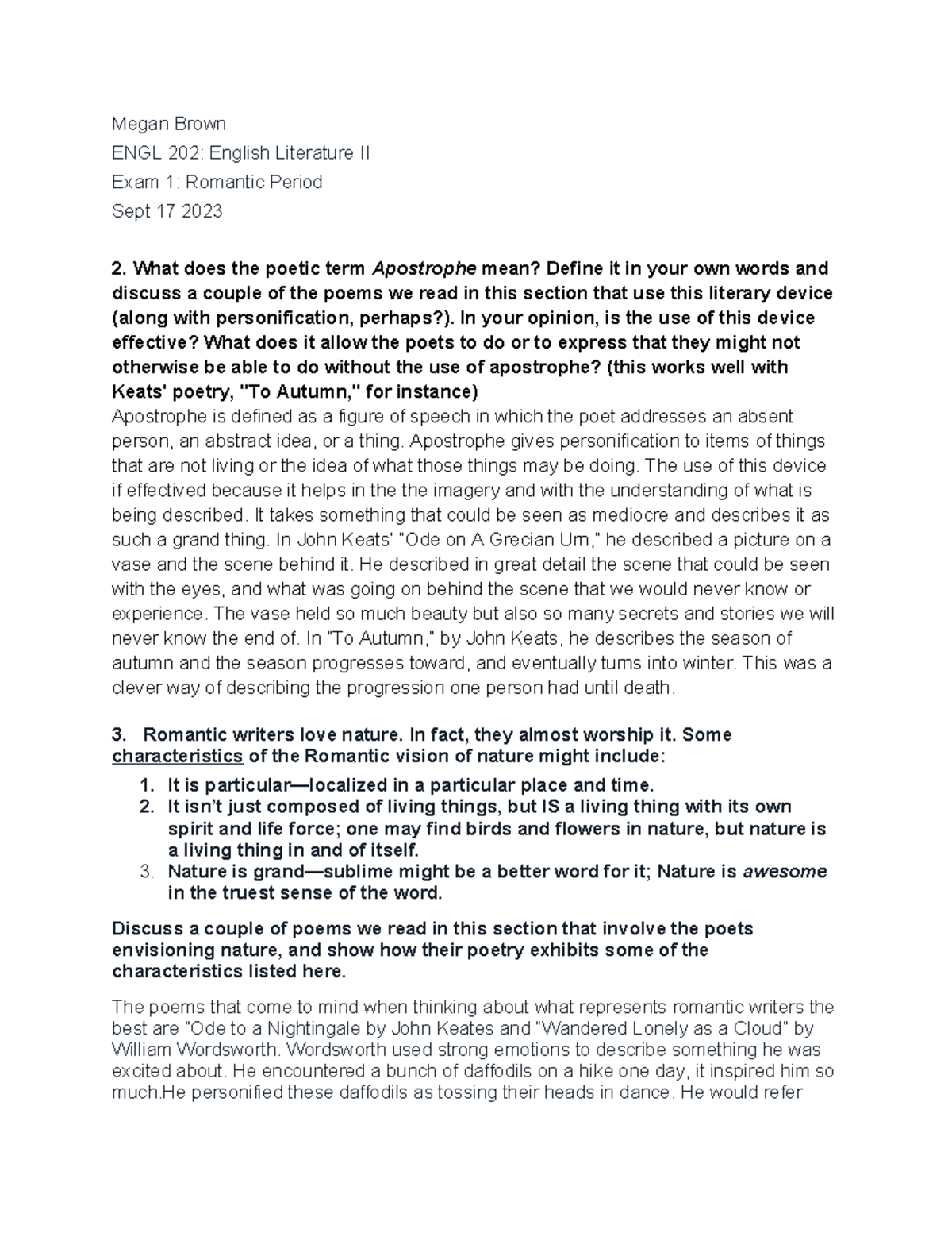 English lit 2 exam 1 - Literature examinations - Megan Brown ENGL 202 ...