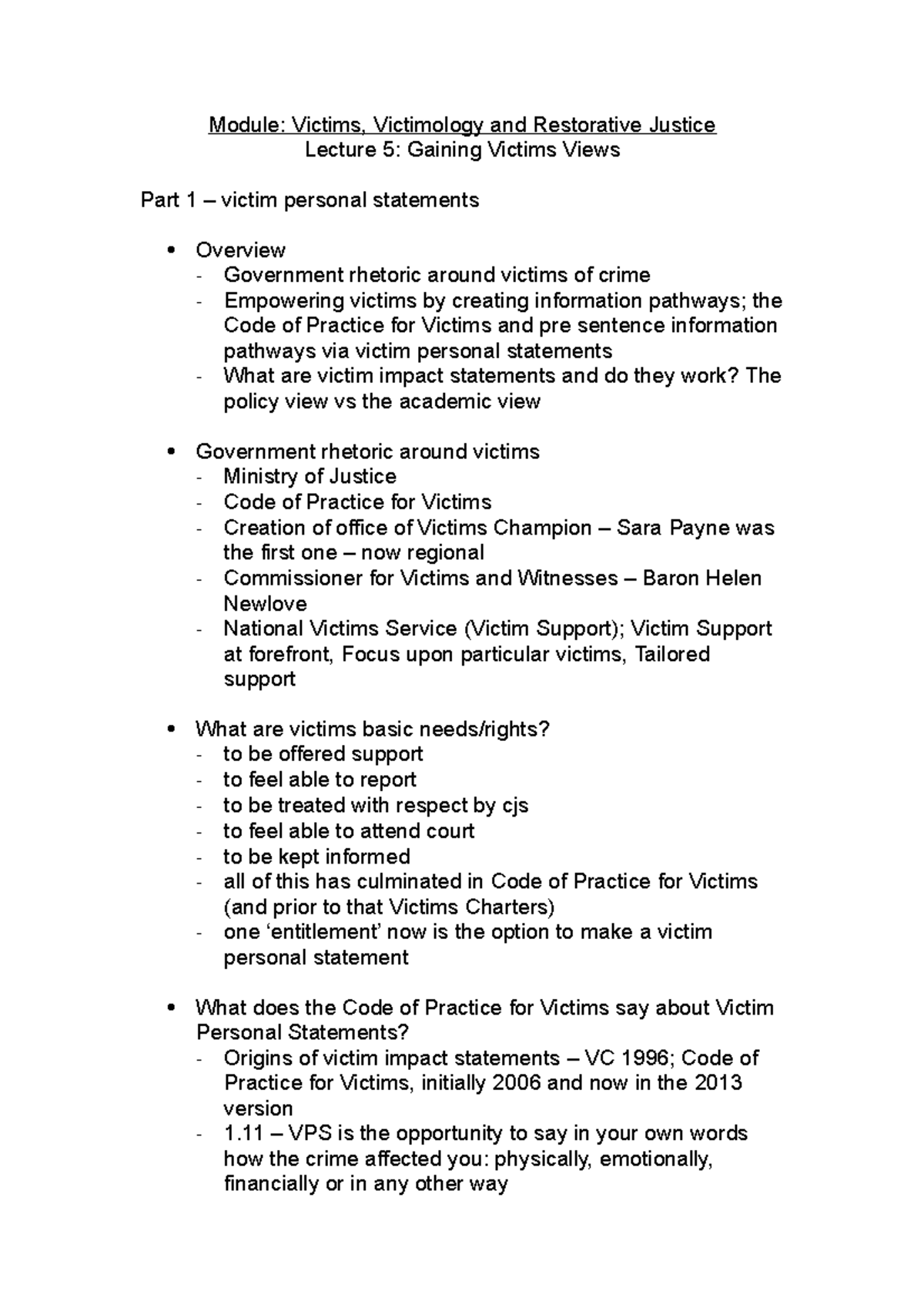Notes from Lecture 5 of victims, victimology and restorative justice ...