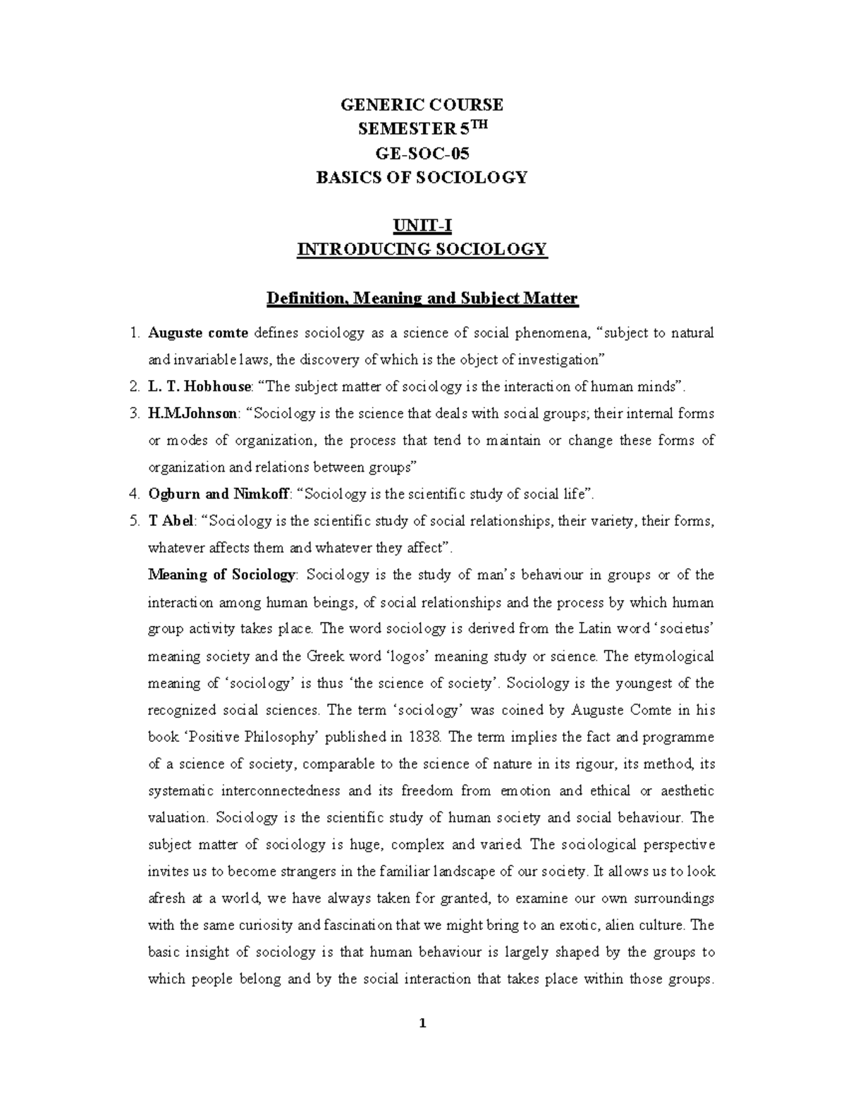 Socio 5th Sem GE - GENERIC COURSE SEMESTER 5TH GE-SOC- BASICS OF ...