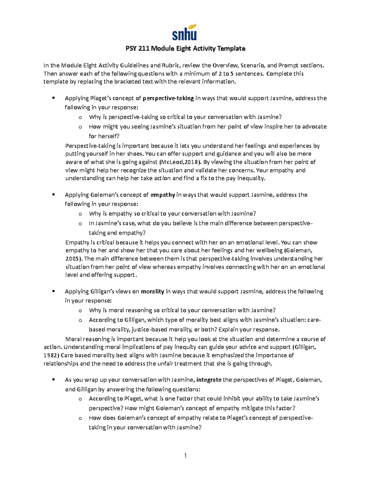 PSY 211 Module Eight Activity Template - Then answer each of the ...