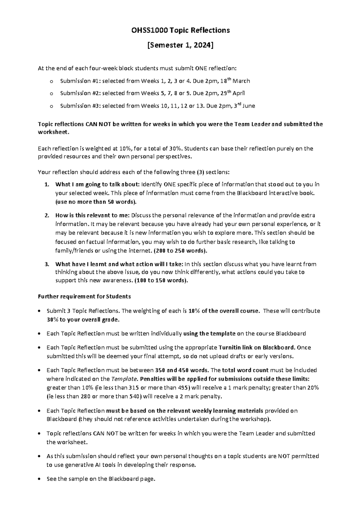 OHSS1000 Topic Reflection Task Description 2024-1 - OHSS1000 Topic Reflections [Semester 1, 2024 ...