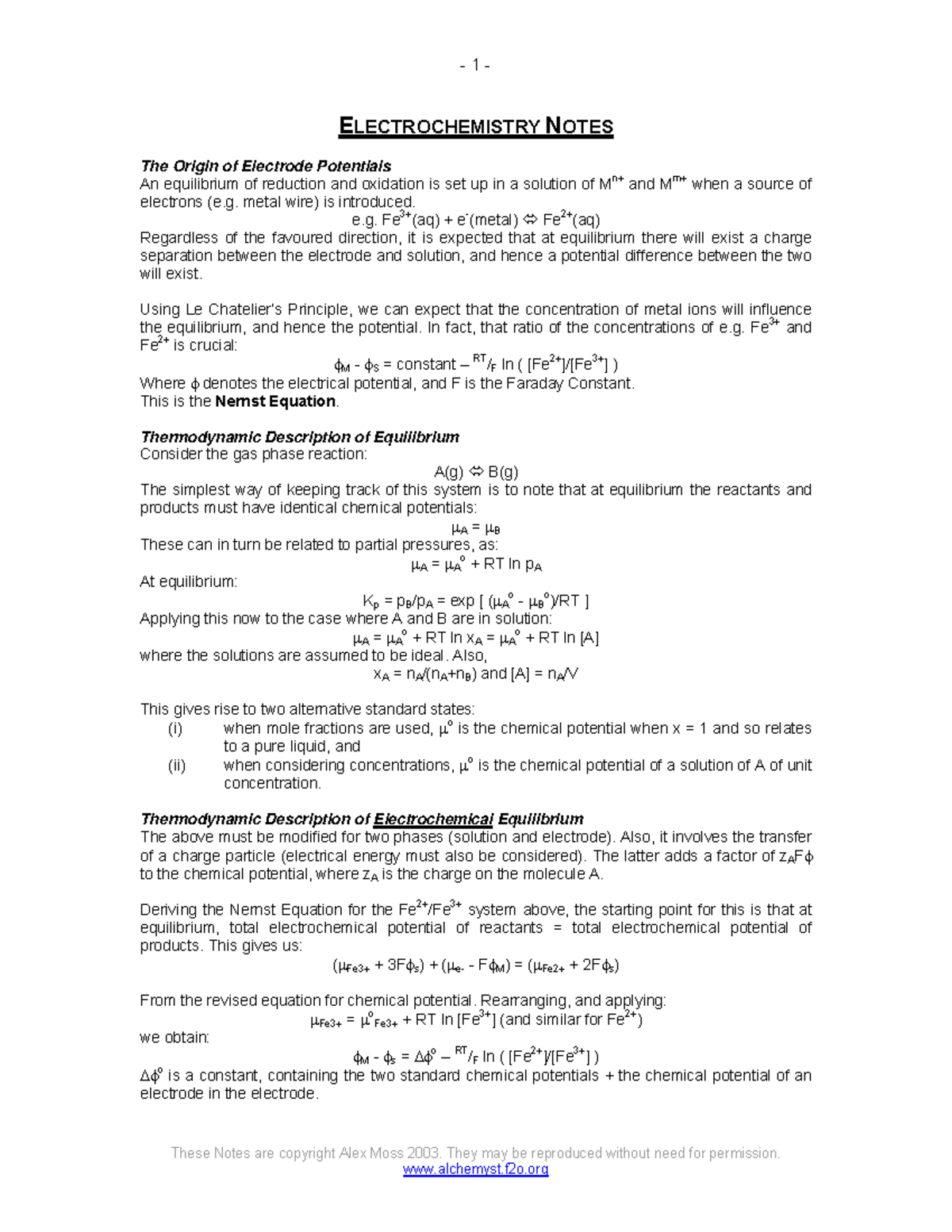 Electrochemistry-1 - Lecture notes 2 -1- ELECTROCHEMISTRY NOTES The ...
