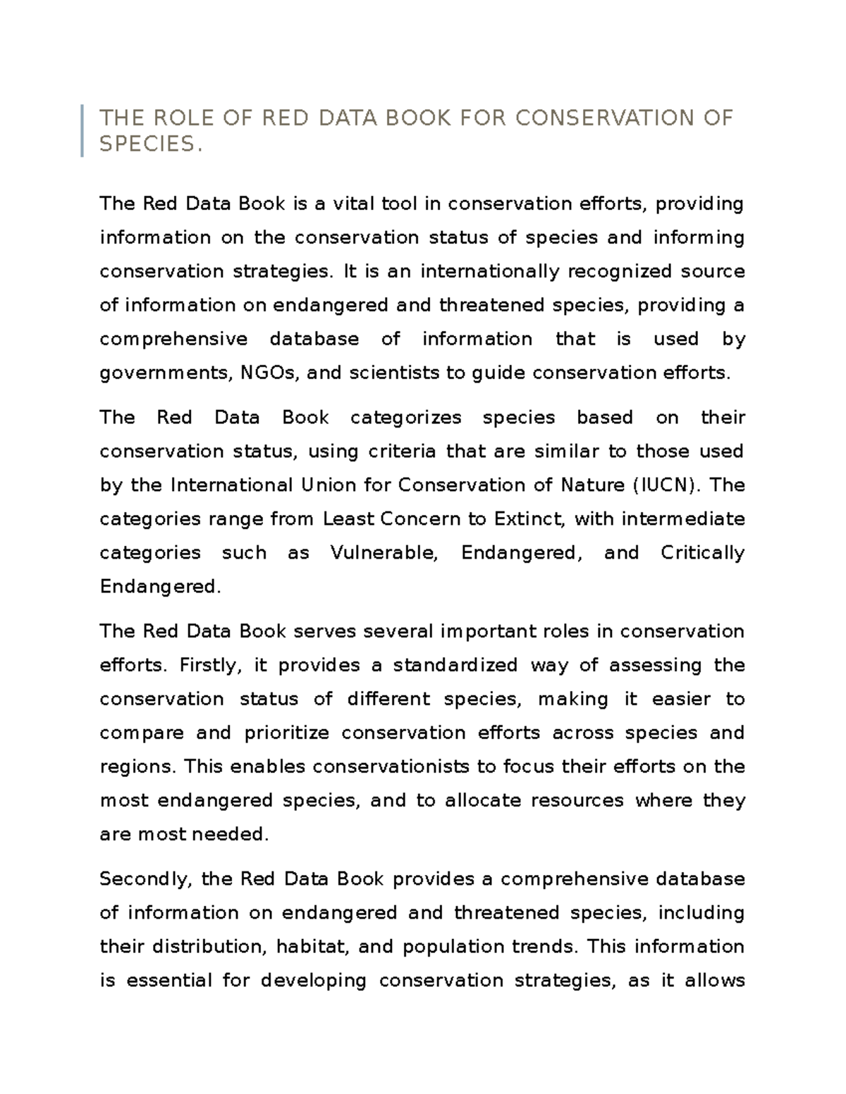 THE ROLE OF RED DATA BOOK FOR Conservation OF Species - THE ROLE OF RED ...
