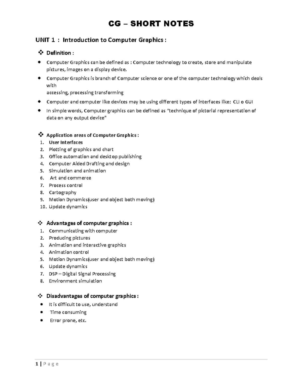 CG Short Notes - Computer graphics - UNIT 1 : Introduction to Computer ...