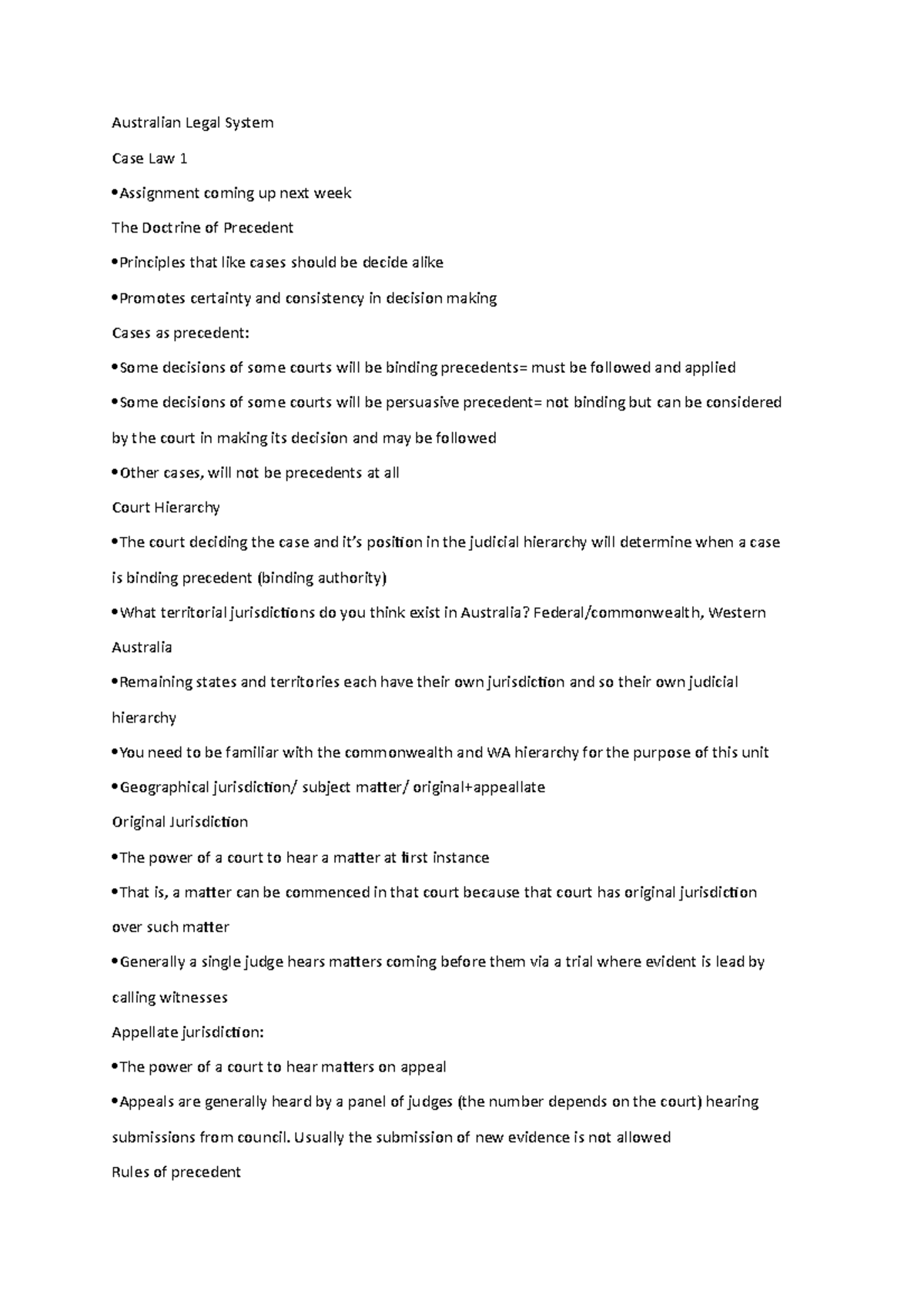 Australian Legal System lecture notes - Australian Legal System Case ... Australian Legal System lecture notes - Australian Legal System Case ...