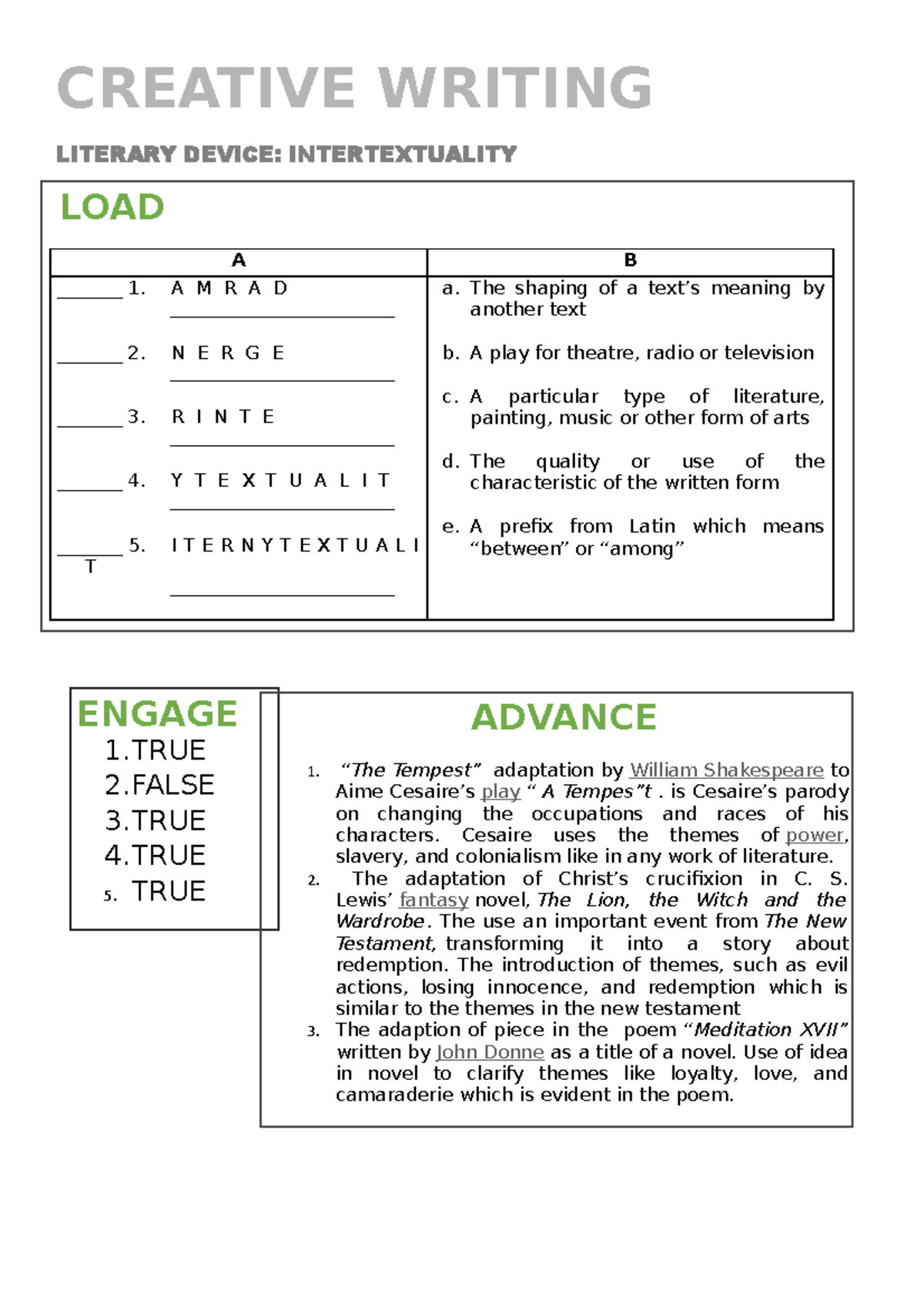 Creative Writing - CREATIVE WRITING LITERARY DEVICE: INTERTEXTUALITY ...