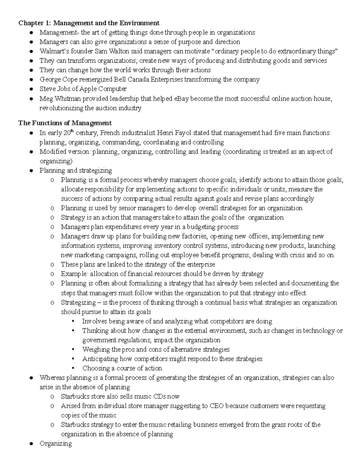 Textbook and in class discussion notes - Chapter 1: Management and the ...