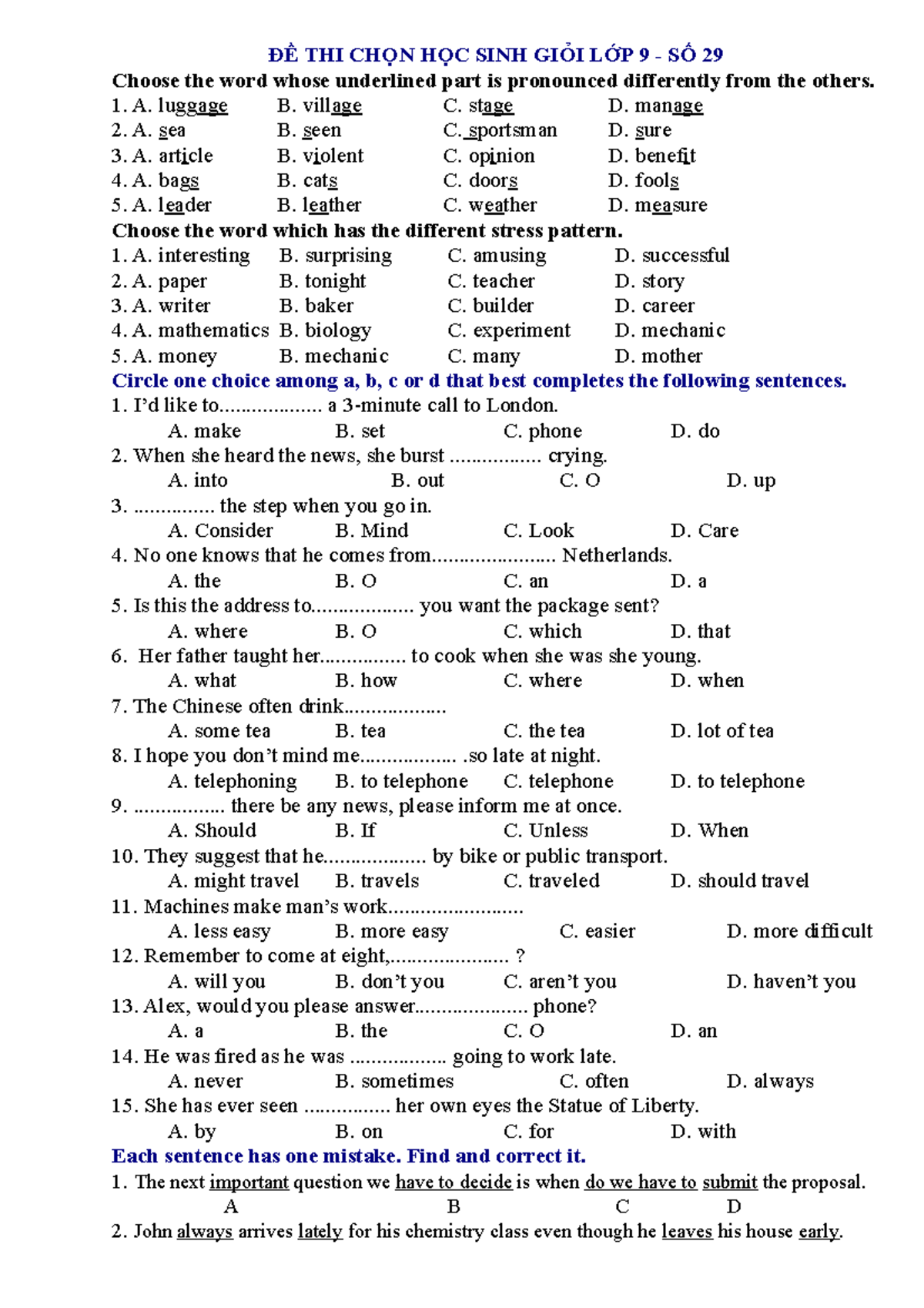 S 29 n Thi THI CH N H C SINH GI I L P 9 S 29 Choose