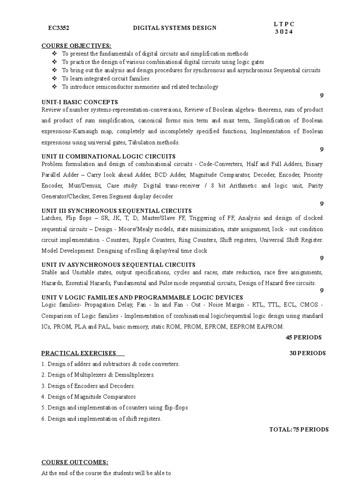 EC3352 Syllabus - EC3352 DIGITAL SYSTEMS DESIGN L T P C3 0 2 4 COURSE ...