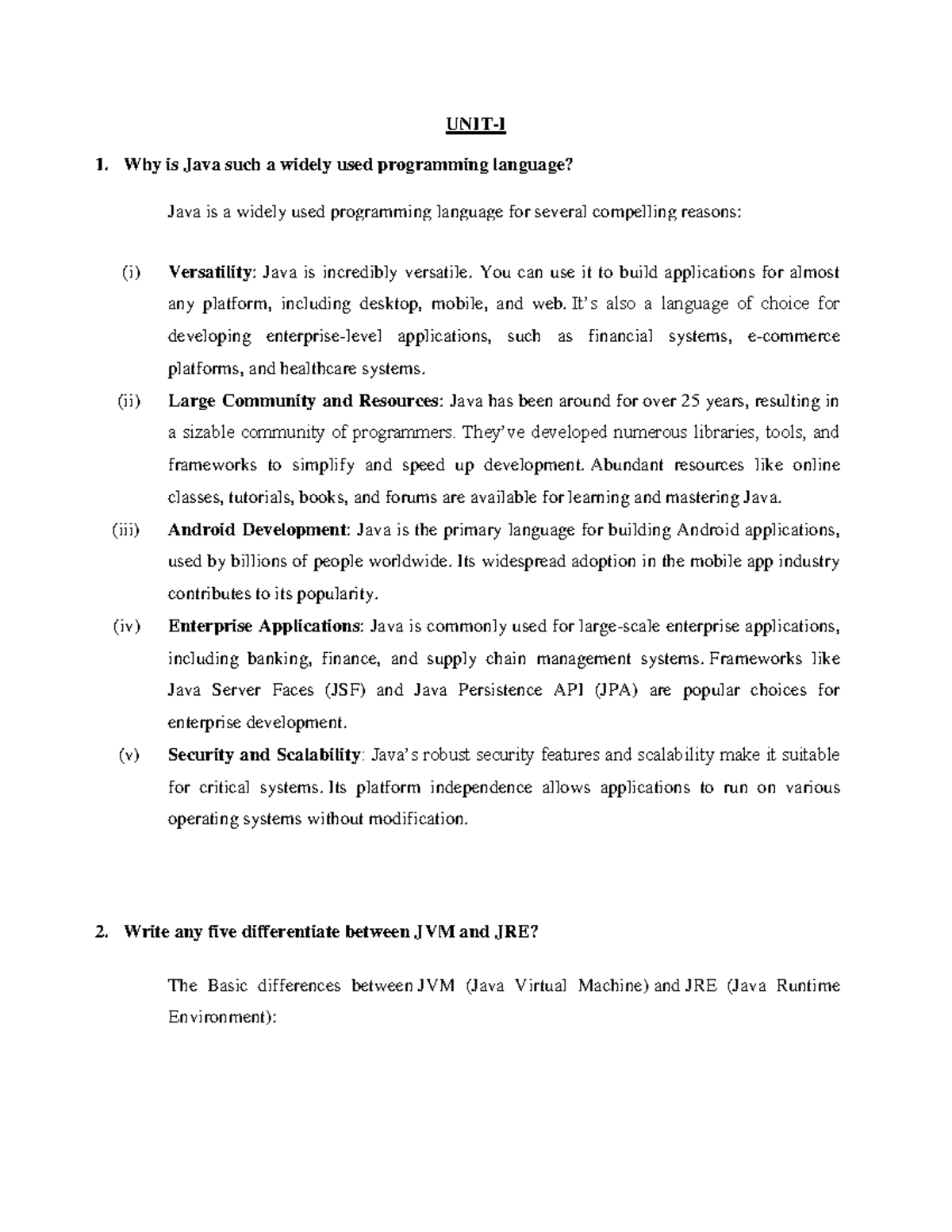 Java question bank - UNIT-I Why is Java such a widely used programming ...