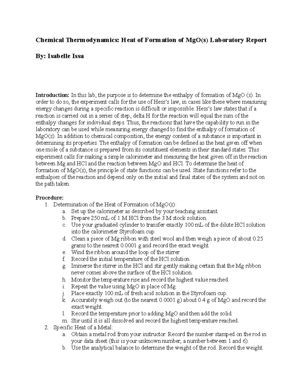 Chemical Thermodynamics Lab Report - Chemical Thermodynamics: Heat of ...