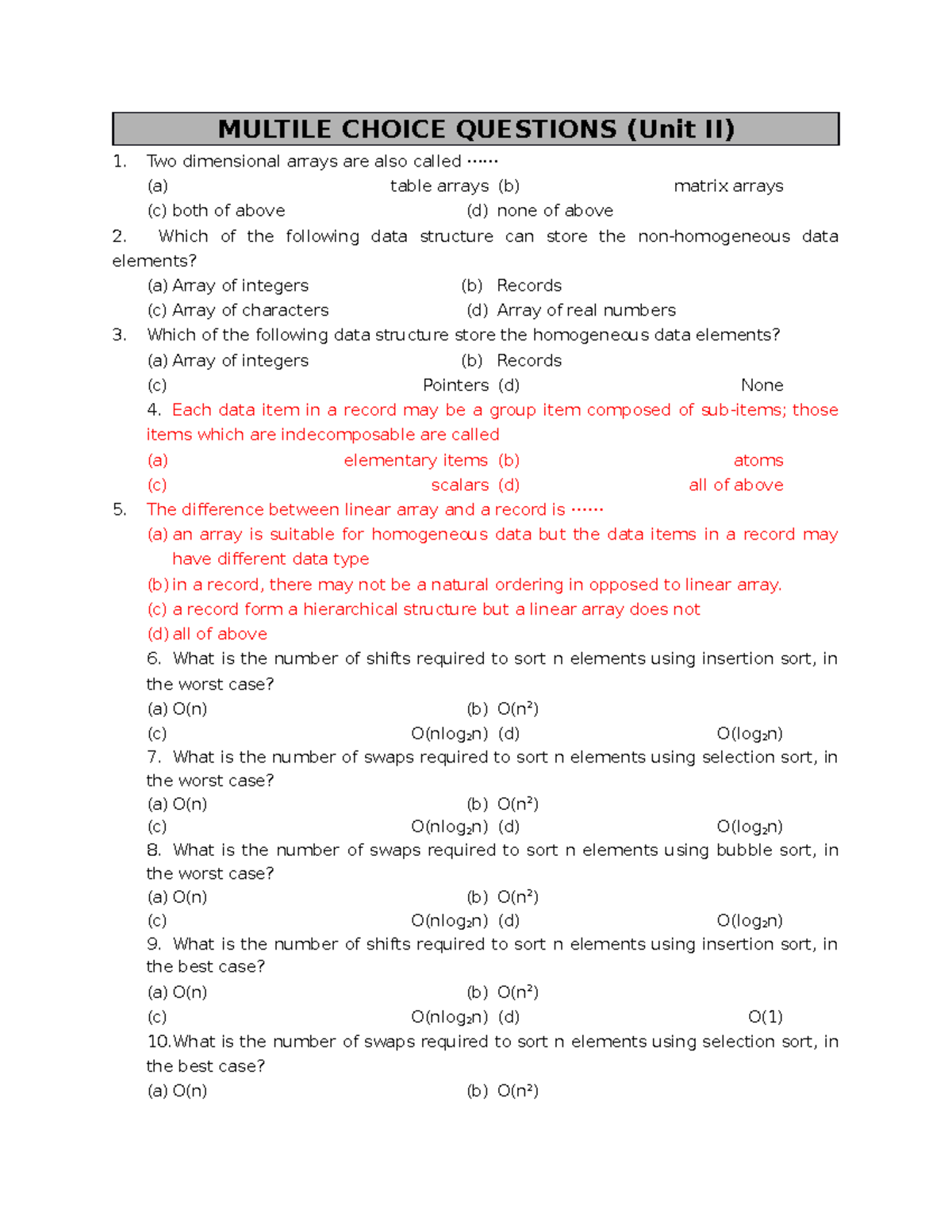 DS multile choice questions Unit2 - MULTILE CHOICE QUESTIONS (Unit II) Two dimensional arrays ...