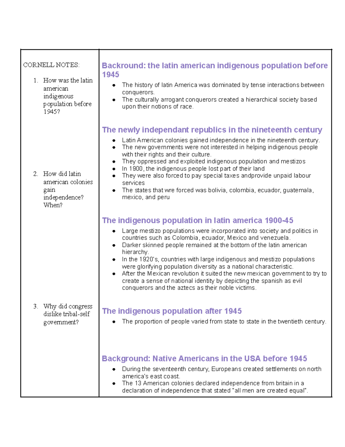 Indigenous Population Notes - CORNELL NOTES: 1. How was the latin ...
