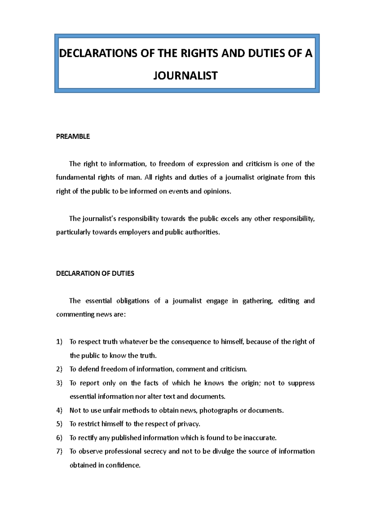 Declarations OF THE Rights AND Duties OF Journalist - DECLARATIONS OF ...