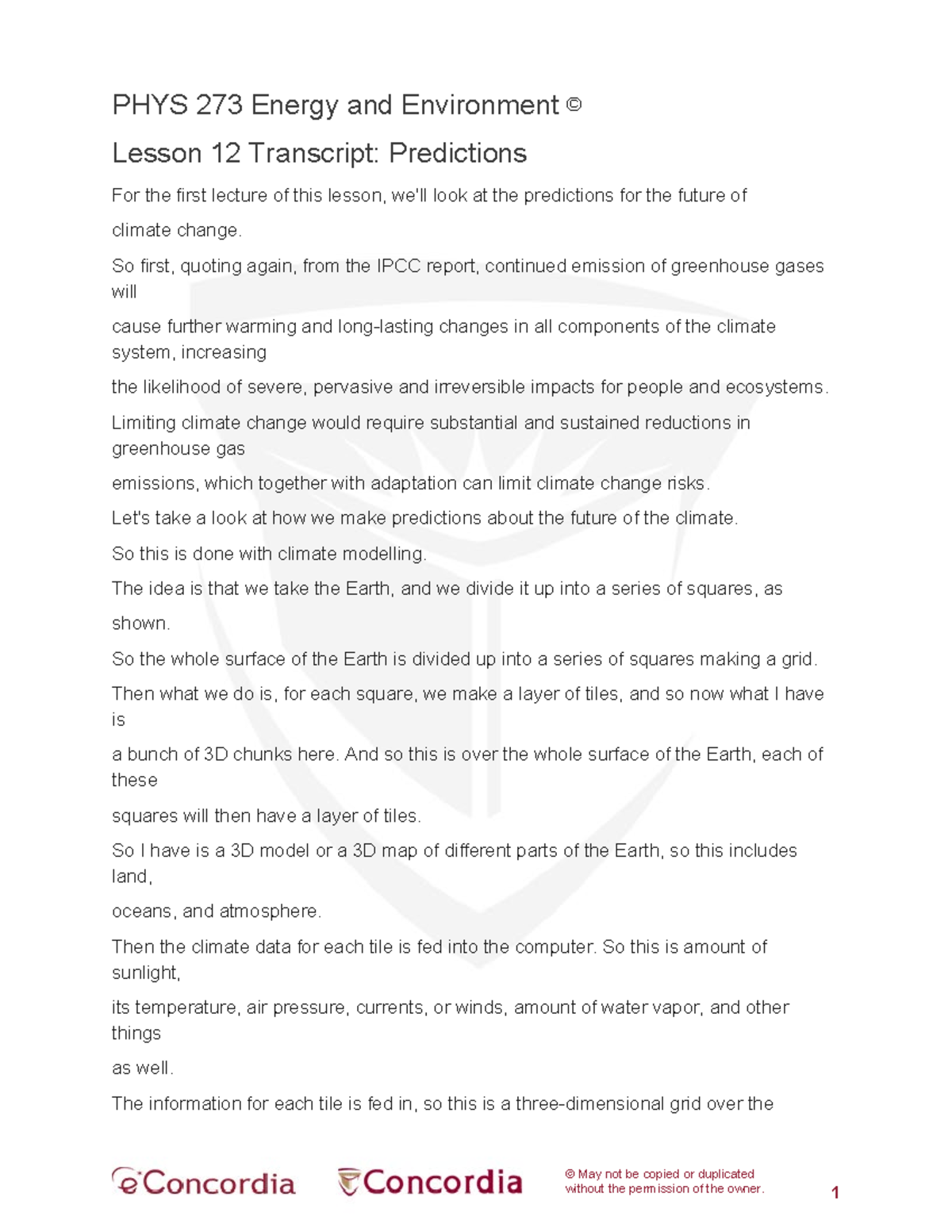 PHYS Lesson 12 - © May not be copied or duplicated without the permission of the owner. PHYS 273 ...