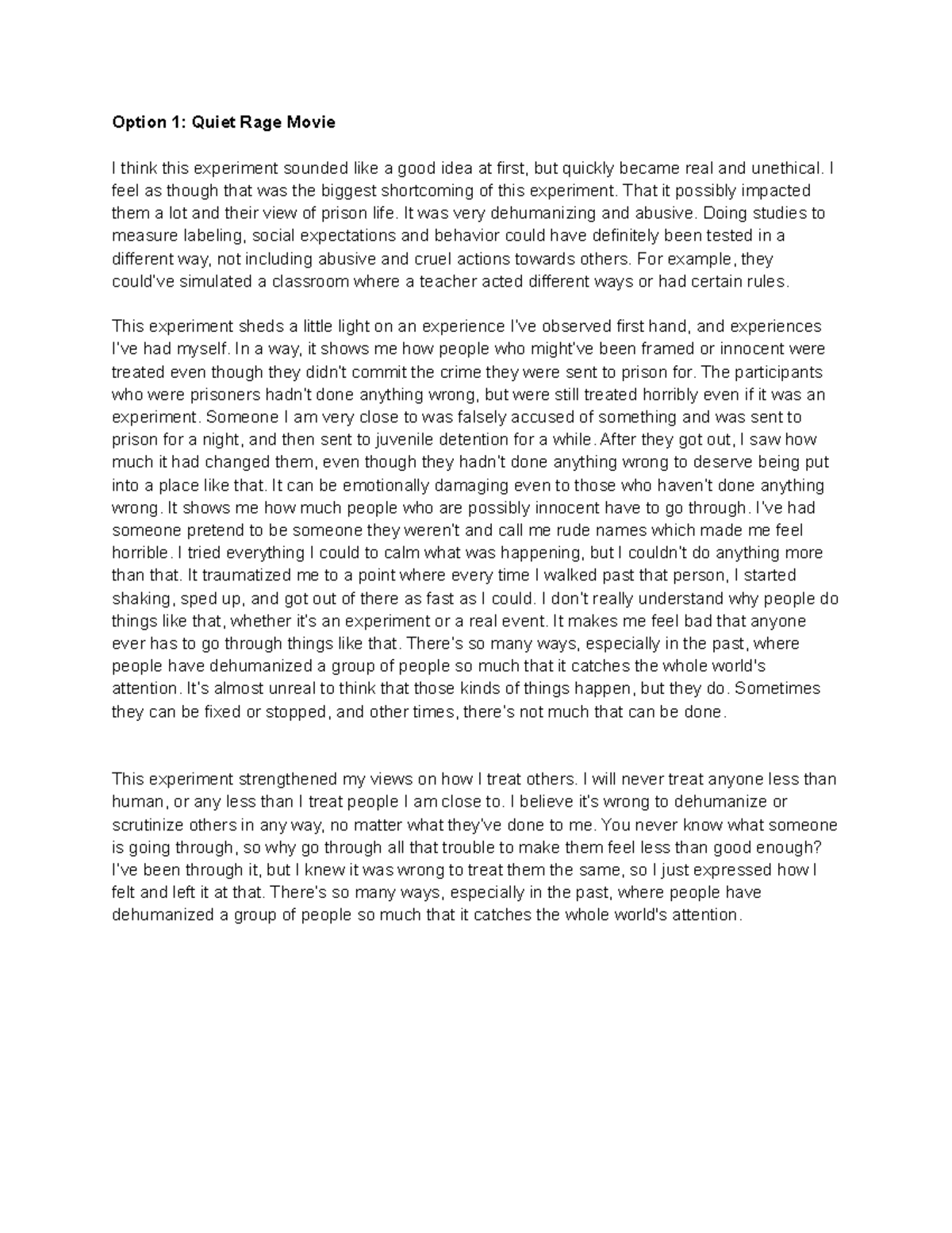 Lab #1 - Quiet Rage - Dr. Grewe - Option 1: Quiet Rage Movie I think ...