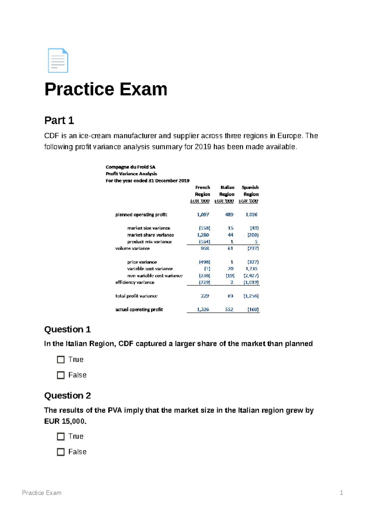 EPM 2022 S2 Practice Exam - ² Practice Exam Part 1 CDF is an ice-cream manufacturer and supplier ...