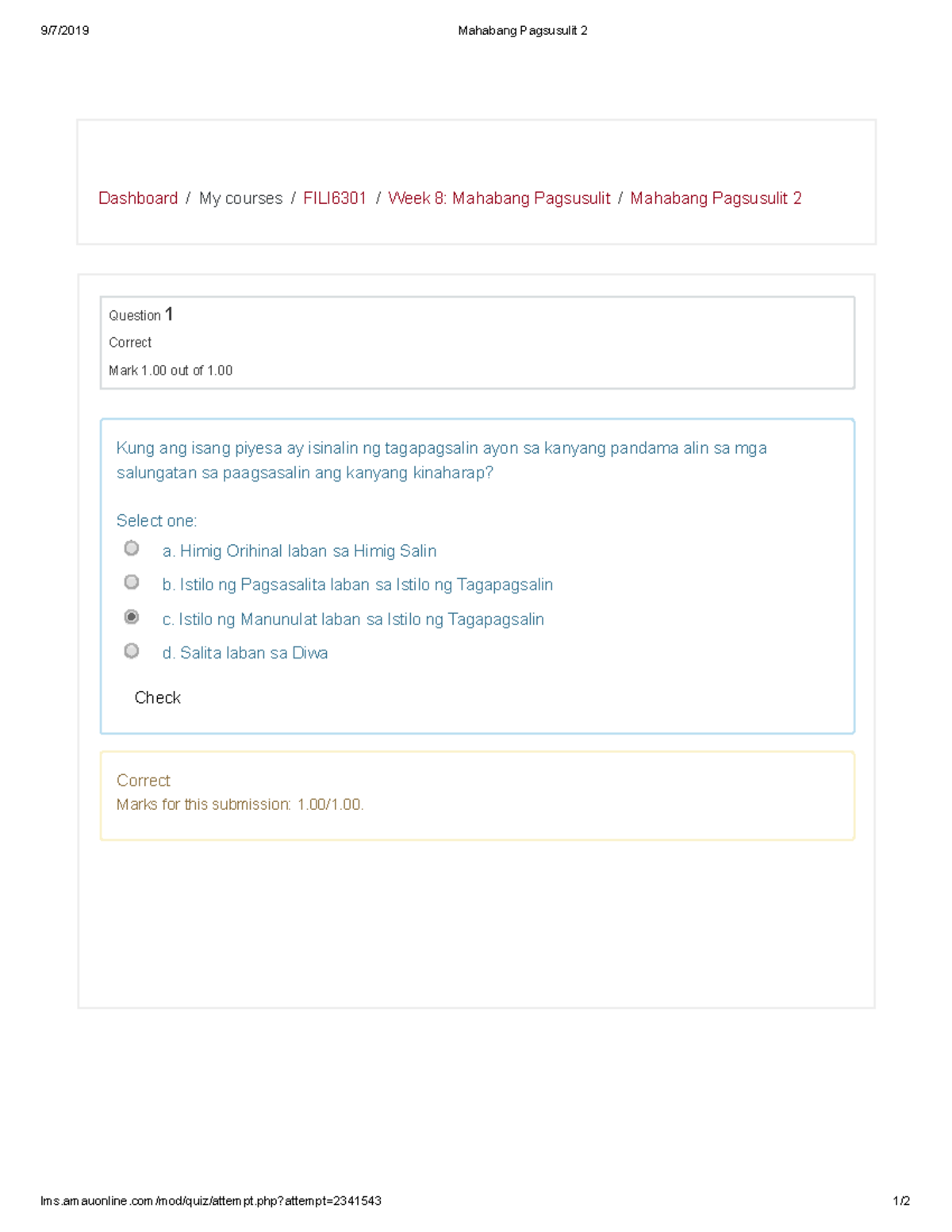 Mahabang Pagsusulit 2 - Good - lms.amauonline.com/mod/quiz/attempt?attempt=2341543 1/ Dashboard ...