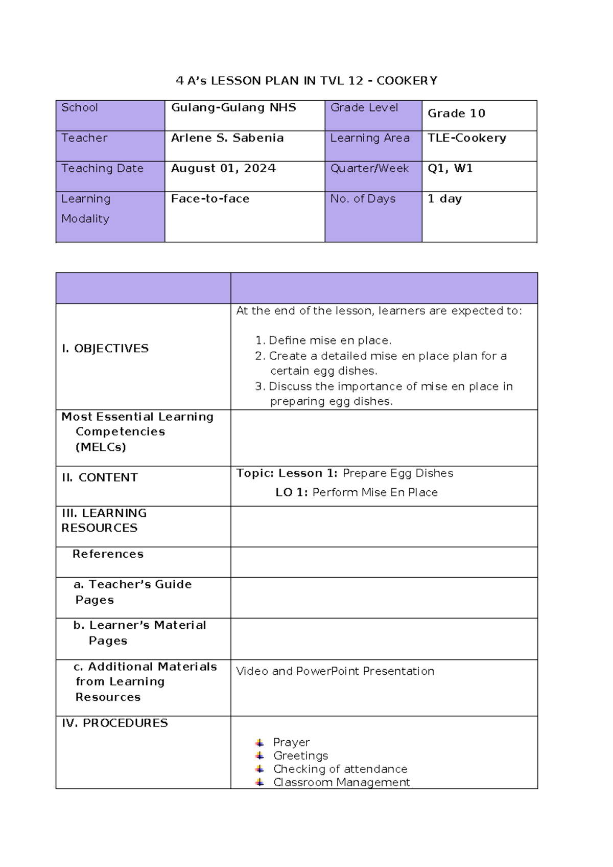 Lesson PLAN- August 1-2024 Perform Mise en Place - 4 A’s LESSON PLAN IN ...