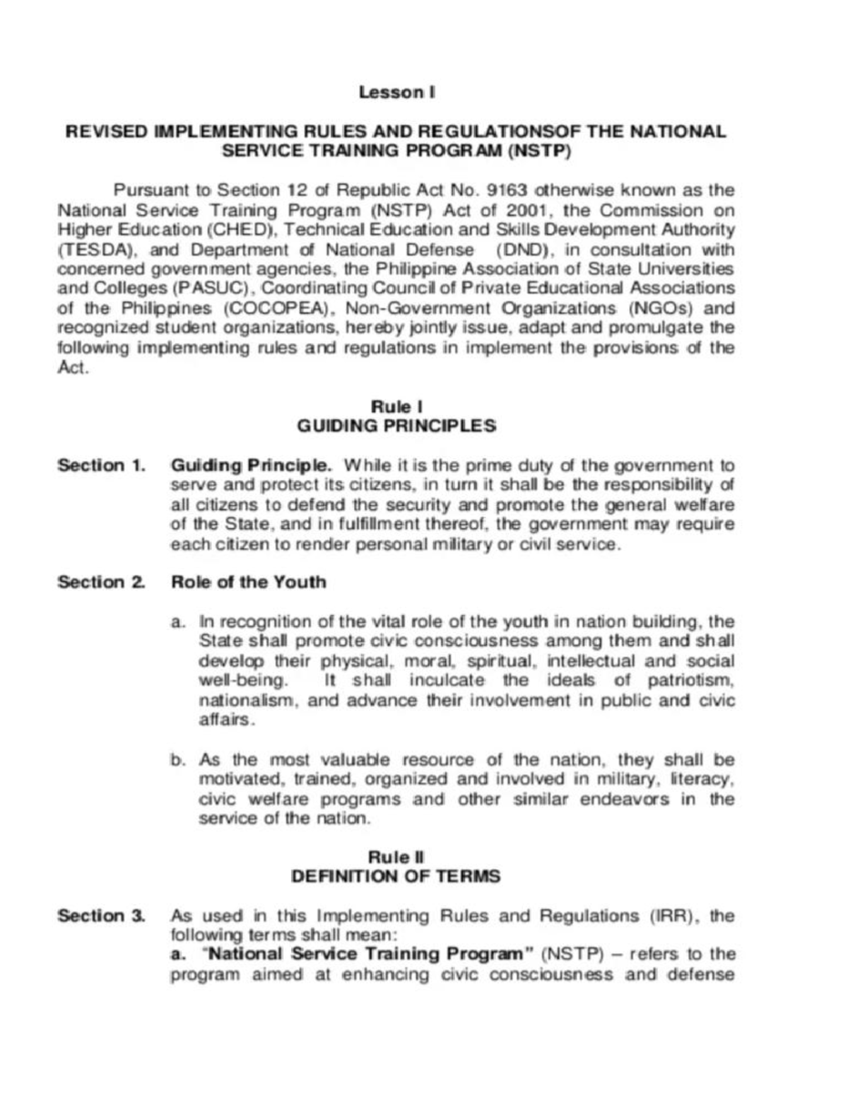NSTP LAW 1 - NSTP LAW - National Service Training Program - Studocu