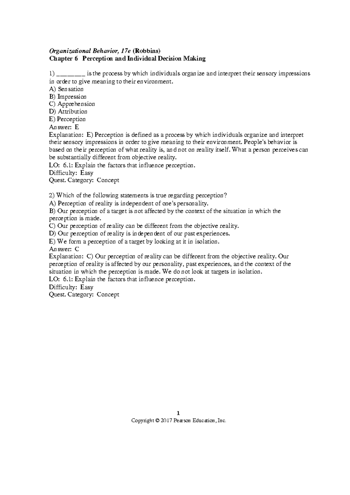 Chapter-6-test-bank compress - 1 Organizational Behavior, 17e (Robbins ...