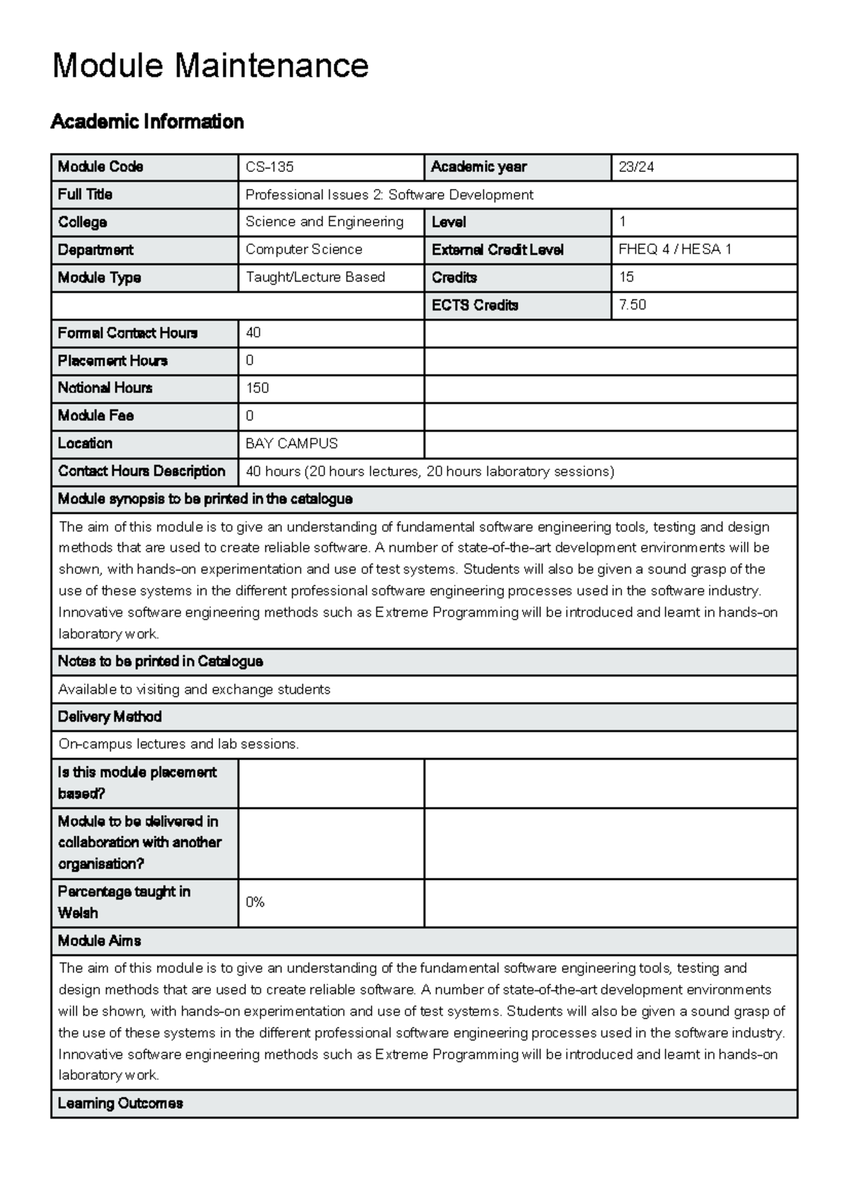 S2 CS135 Professional issues 2 software dev - Module Maintenance ...