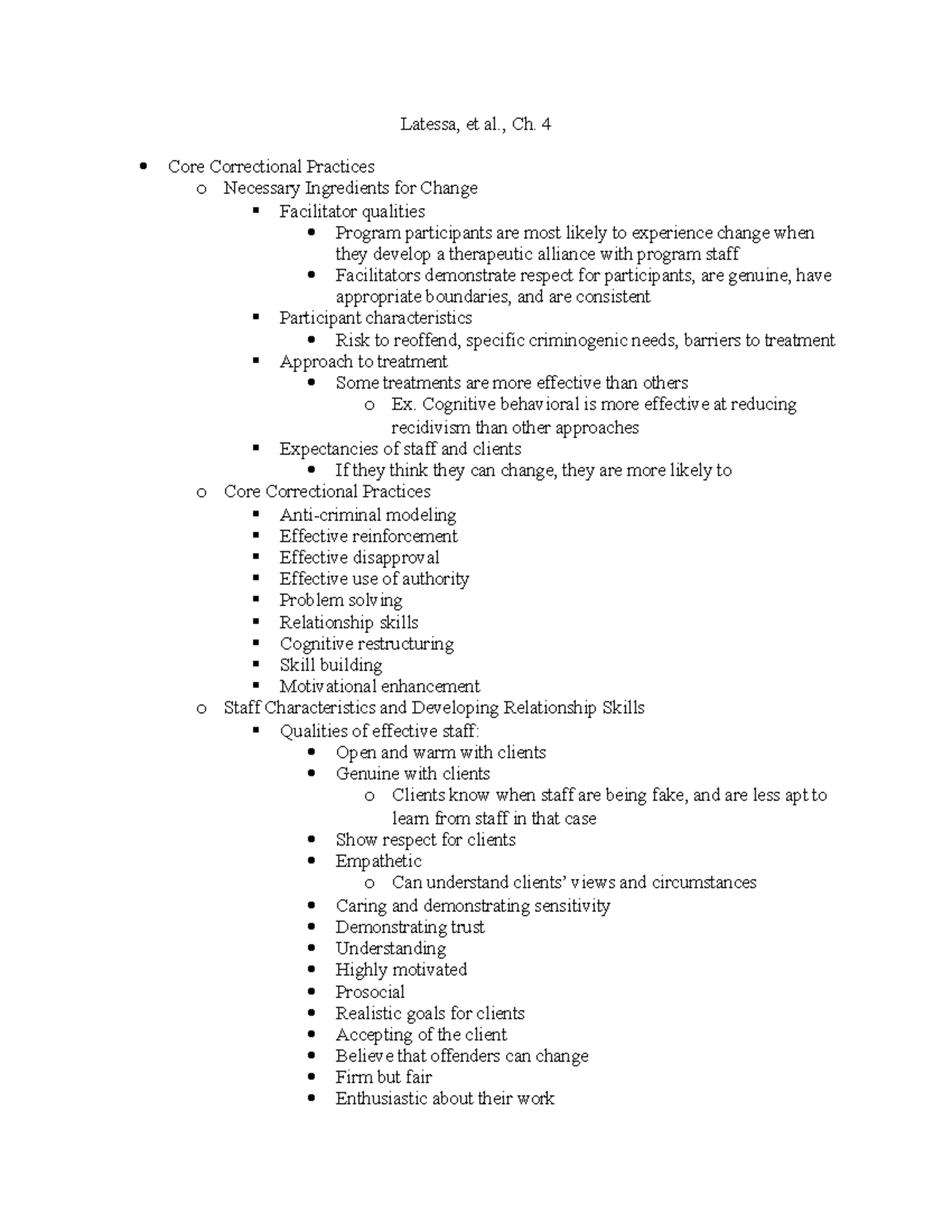 Week 5 Notes - Latessa, et al., Ch. 4 Core Correctional Practices o ...