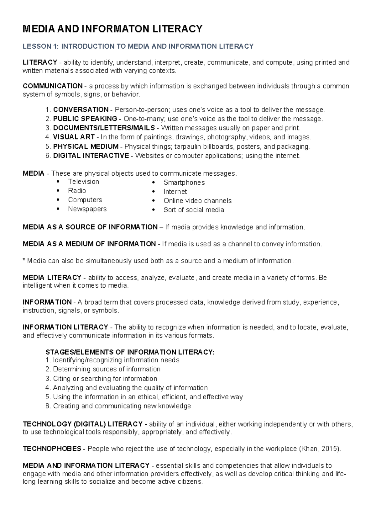 Media AND Information Literacy - MEDIA AND INFORMATON LITERACY LESSON 1 ...