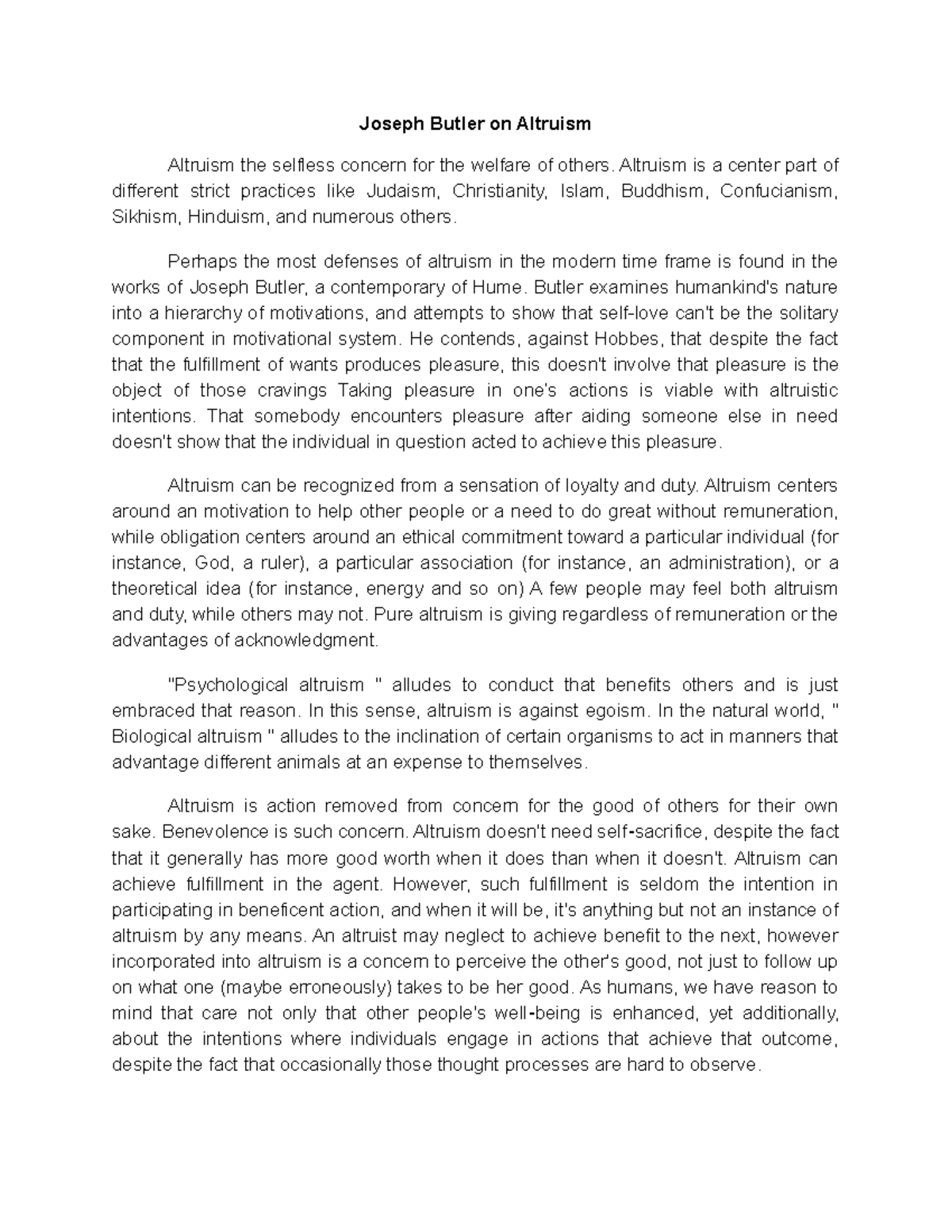 Joseph Butler on Altruism - Joseph Butler on Altruism Altruism the ...