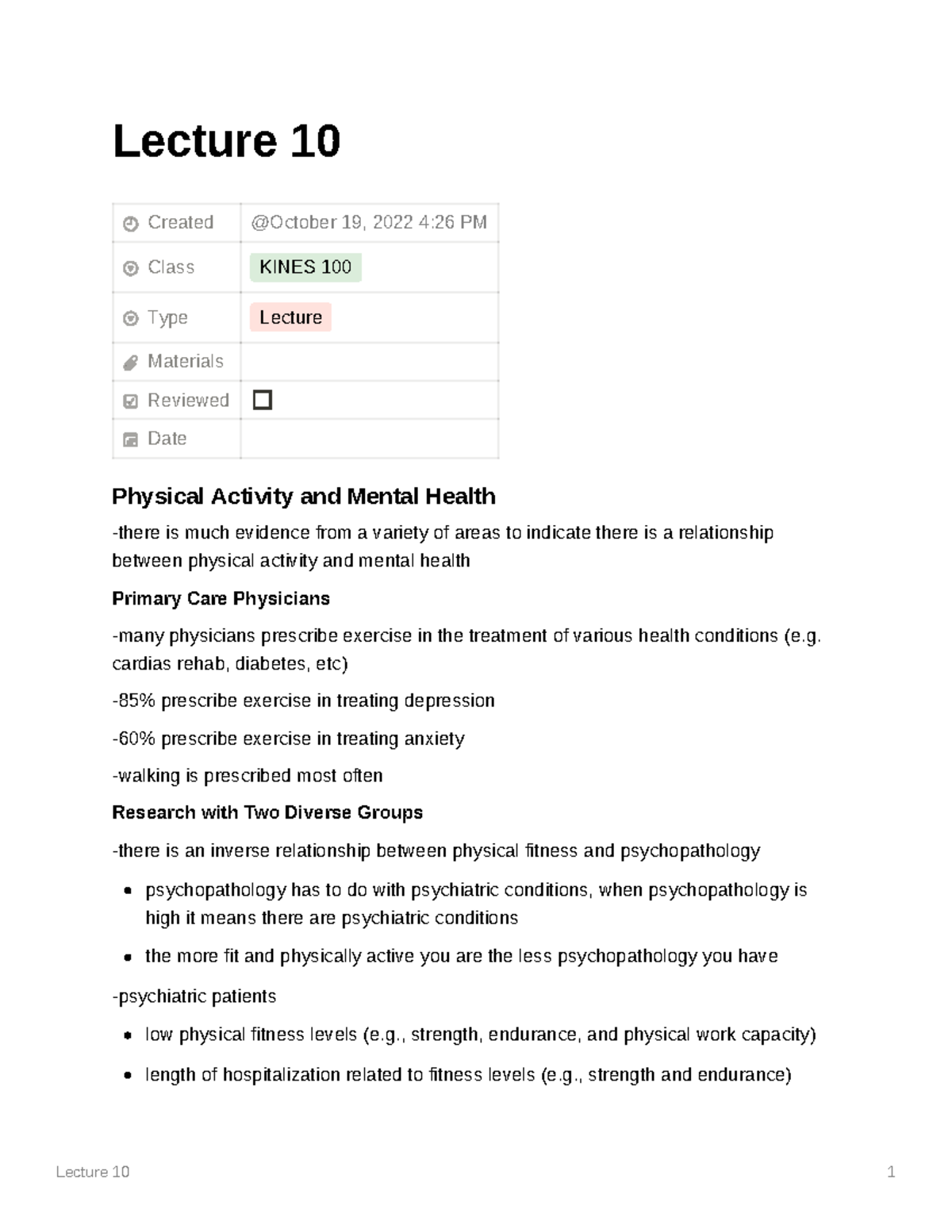 Lecture 10 - Lecture 10 Created Class KINES 100 Type Lecture Materials Reviewed Date Physical ...