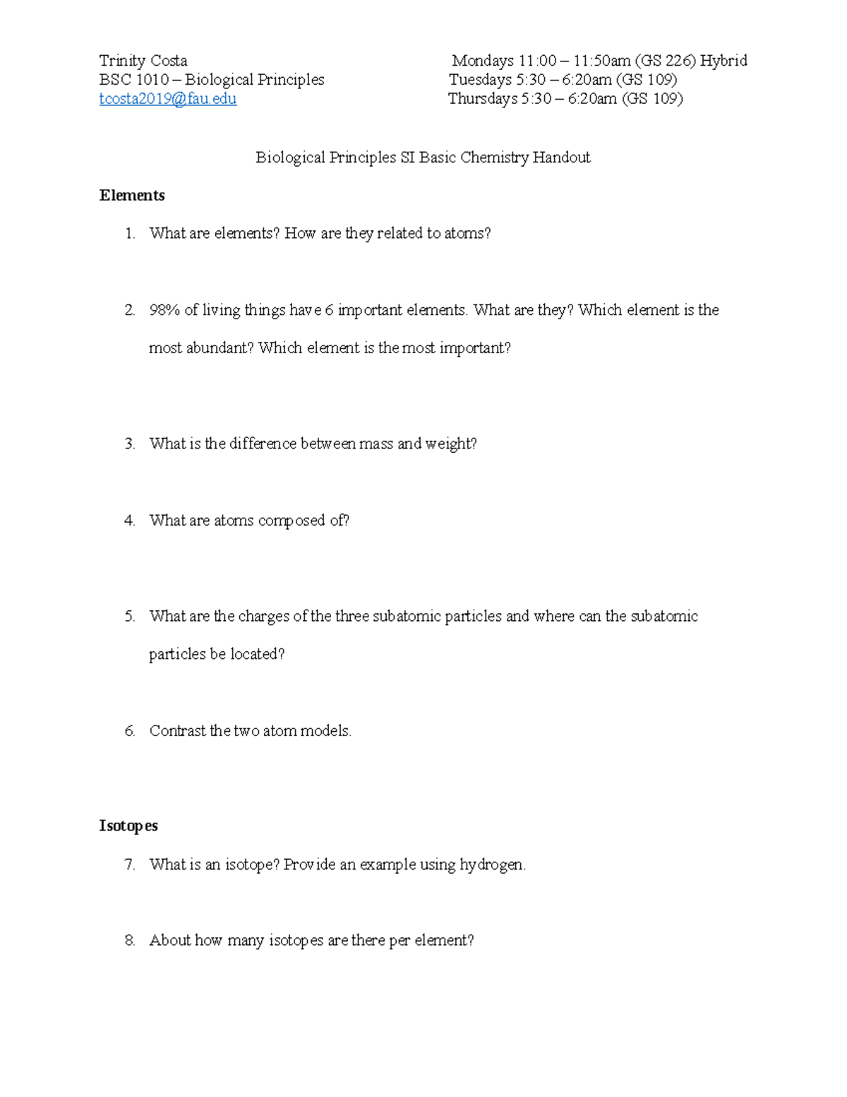 Biological Principles SI Basic Chemistry Handout - BSC 1010 ...
