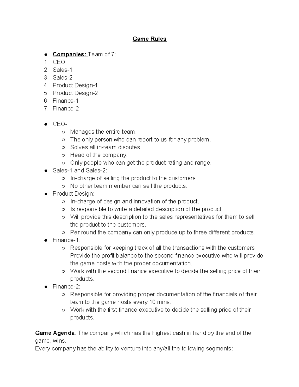 Market Simulation rules 1 - Game Rules Companies: Team of 7: CEO Sales ...