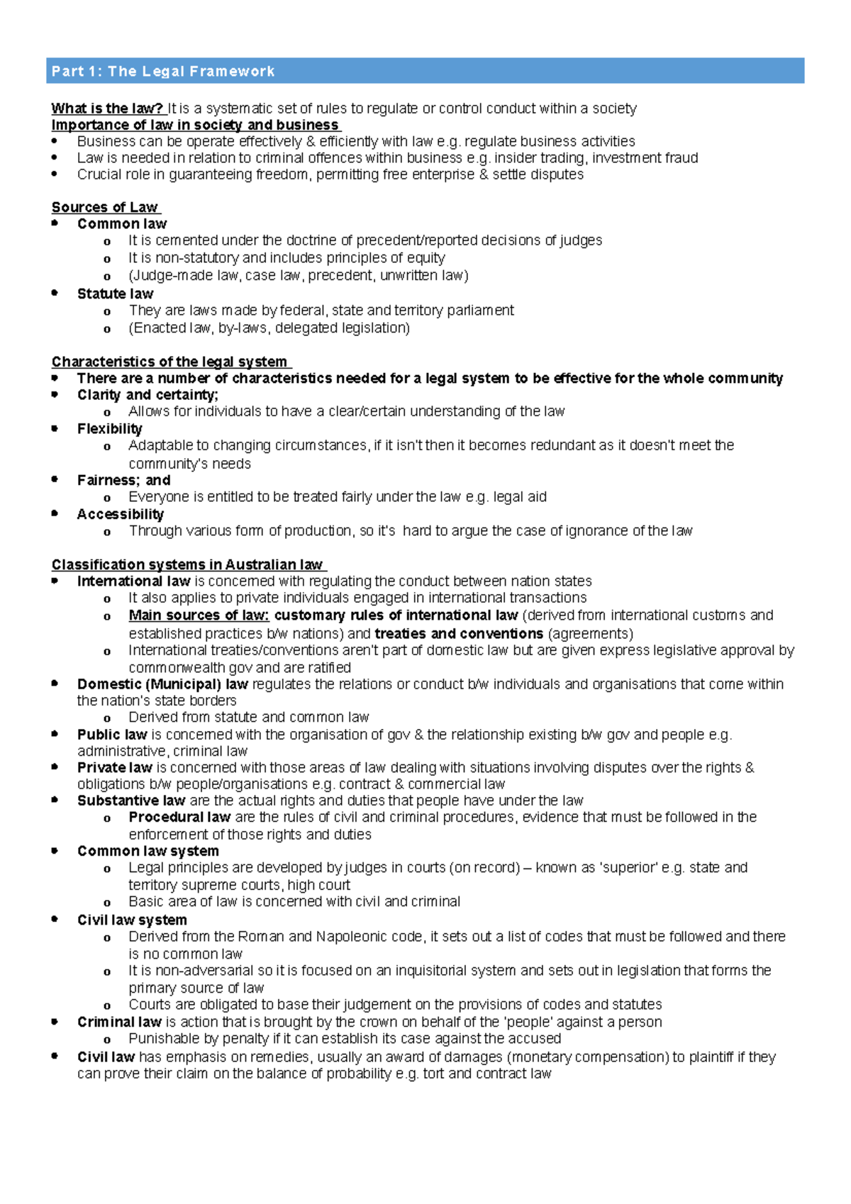 Tabl1710 full notes - Part 1: The Legal Framework What is the law? It ...