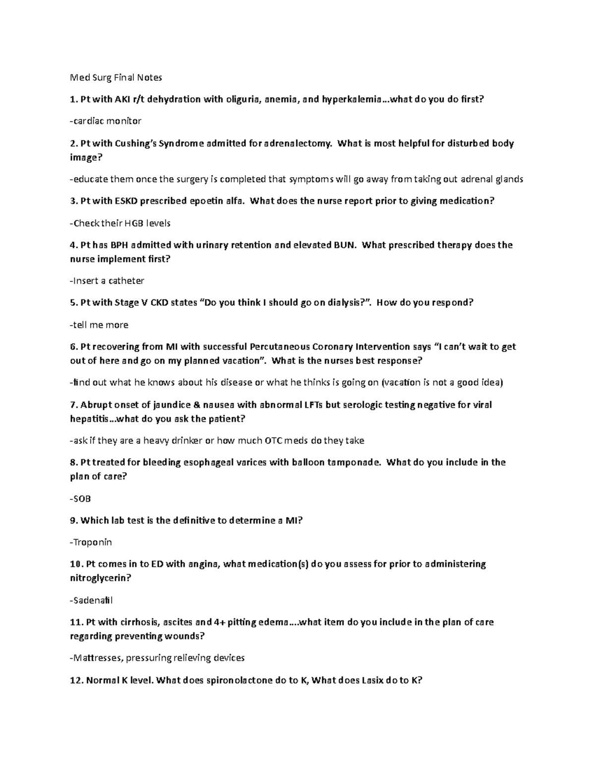Med Surg Exam Guide - Med Surg Final Notes Pt with AKI r/t dehydration ...