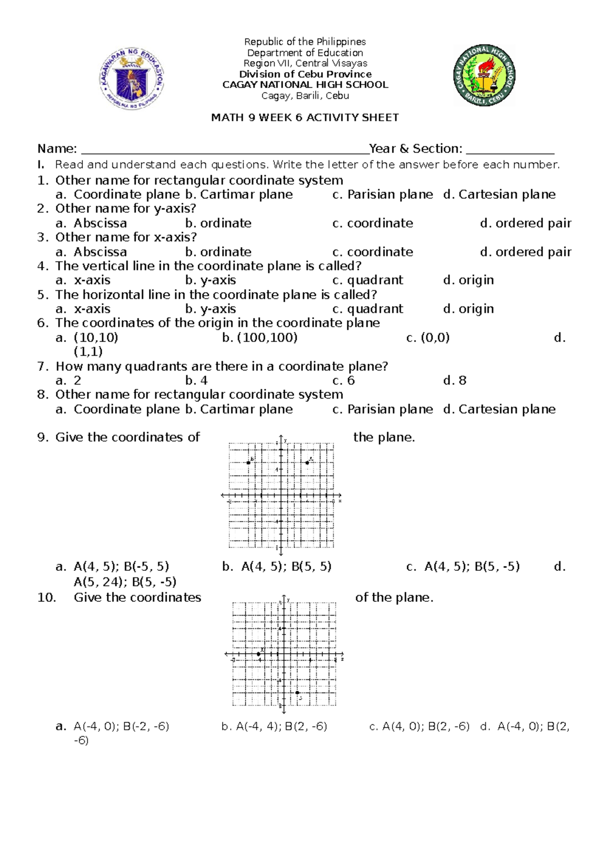 Week 6 math 8 - quiz - Republic of the Philippines Department of ...