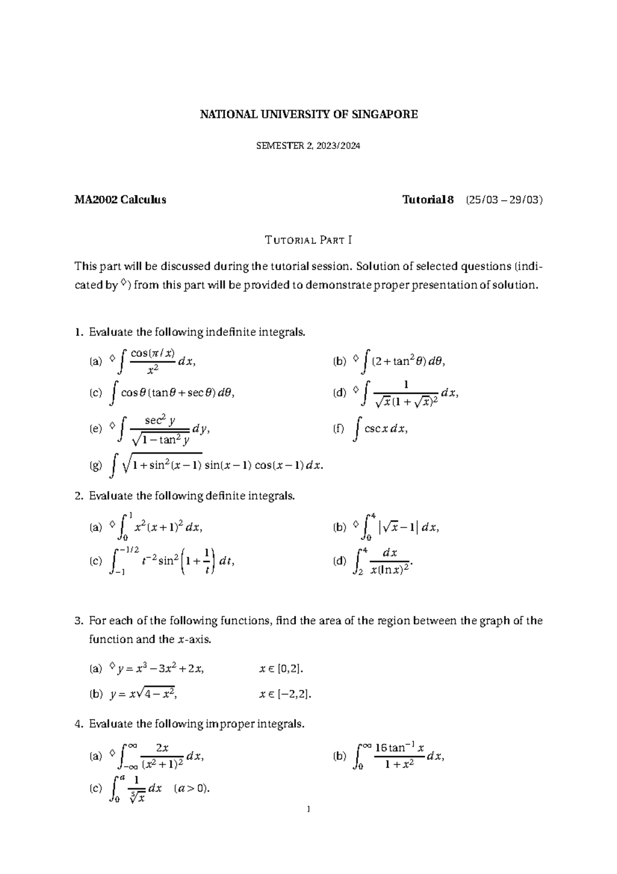 MA2002-Tutorial 8 - NATIONAL UNIVERSITY OF SINGAPORE SEMESTER 2, 2023/ MA2002 Calculus Tutorial ...