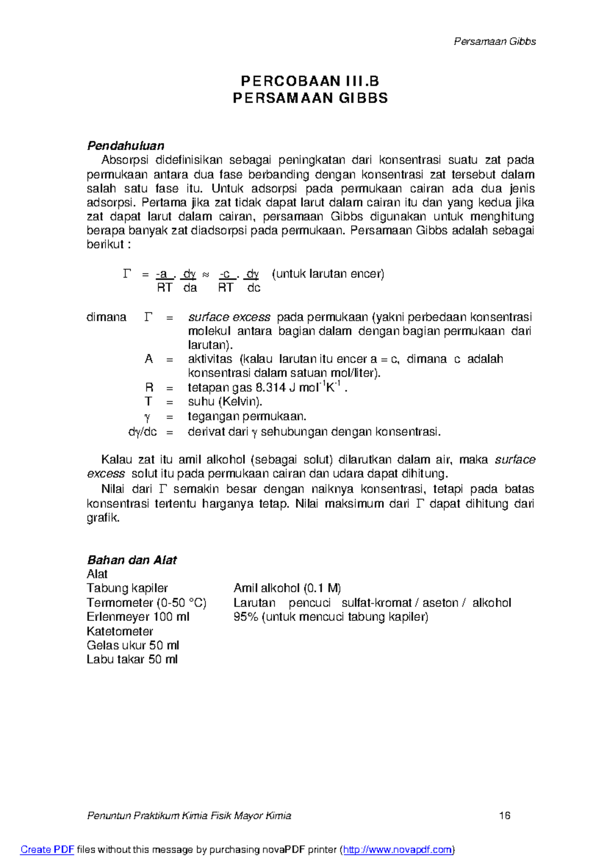 Percobaan IIIB - Persamaan Gibbs - Persamaan Gibbs Penuntun Praktikum ...