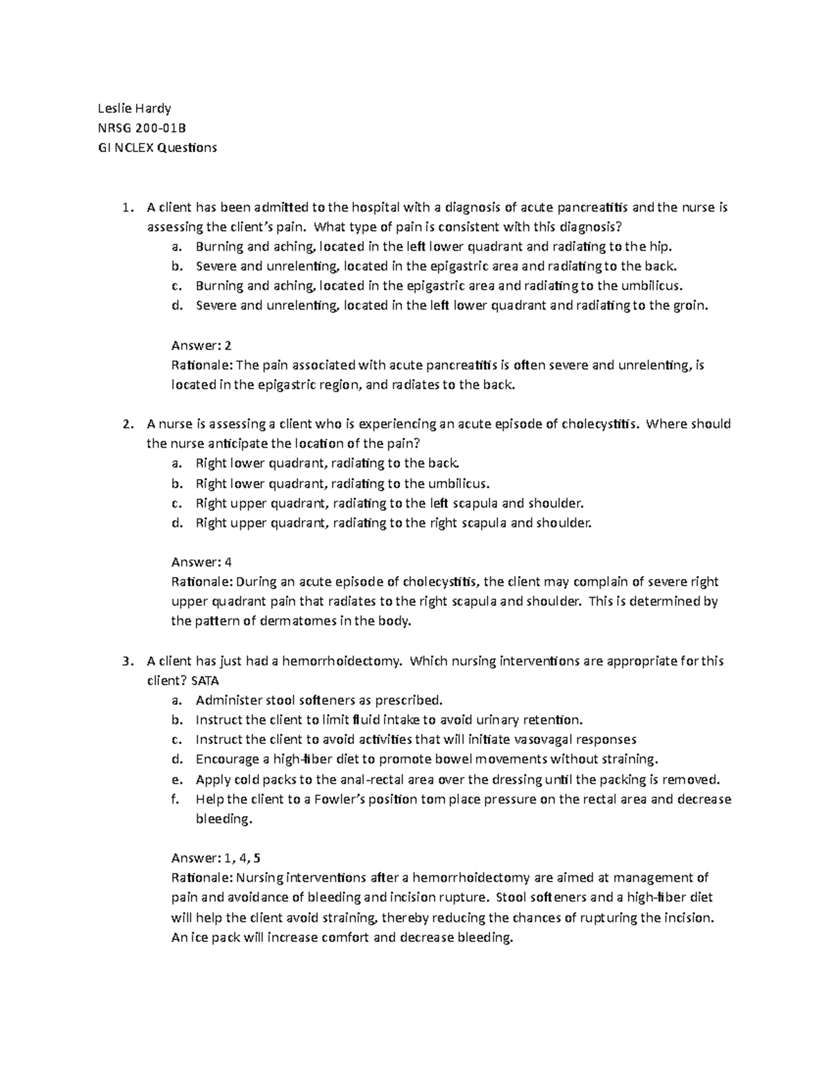 Gastro Intestinal Practice NCLEX test Questions - Leslie Hardy NRSG 200 ...