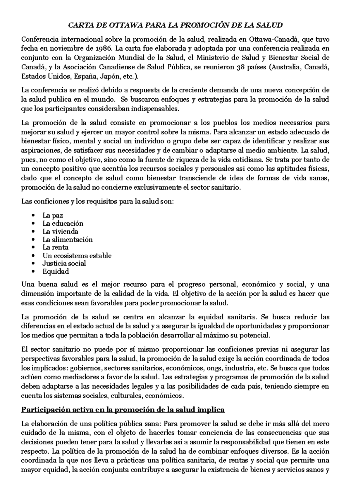 00 Unidad 1 - Resumen - CARTA DE OTTAWA PARA LA PROMOCIÓN DE LA SALUD ...
