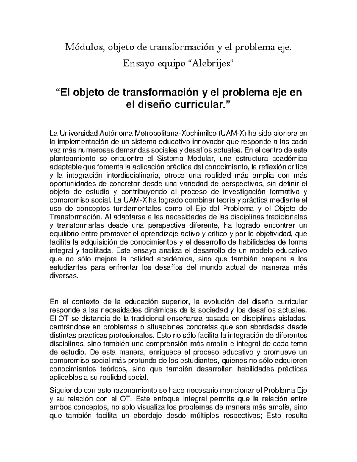 Objeto DE Transformación Y Problema EJE EN EL Diseño Curricular Equipo Alebrijes - Módulos ...