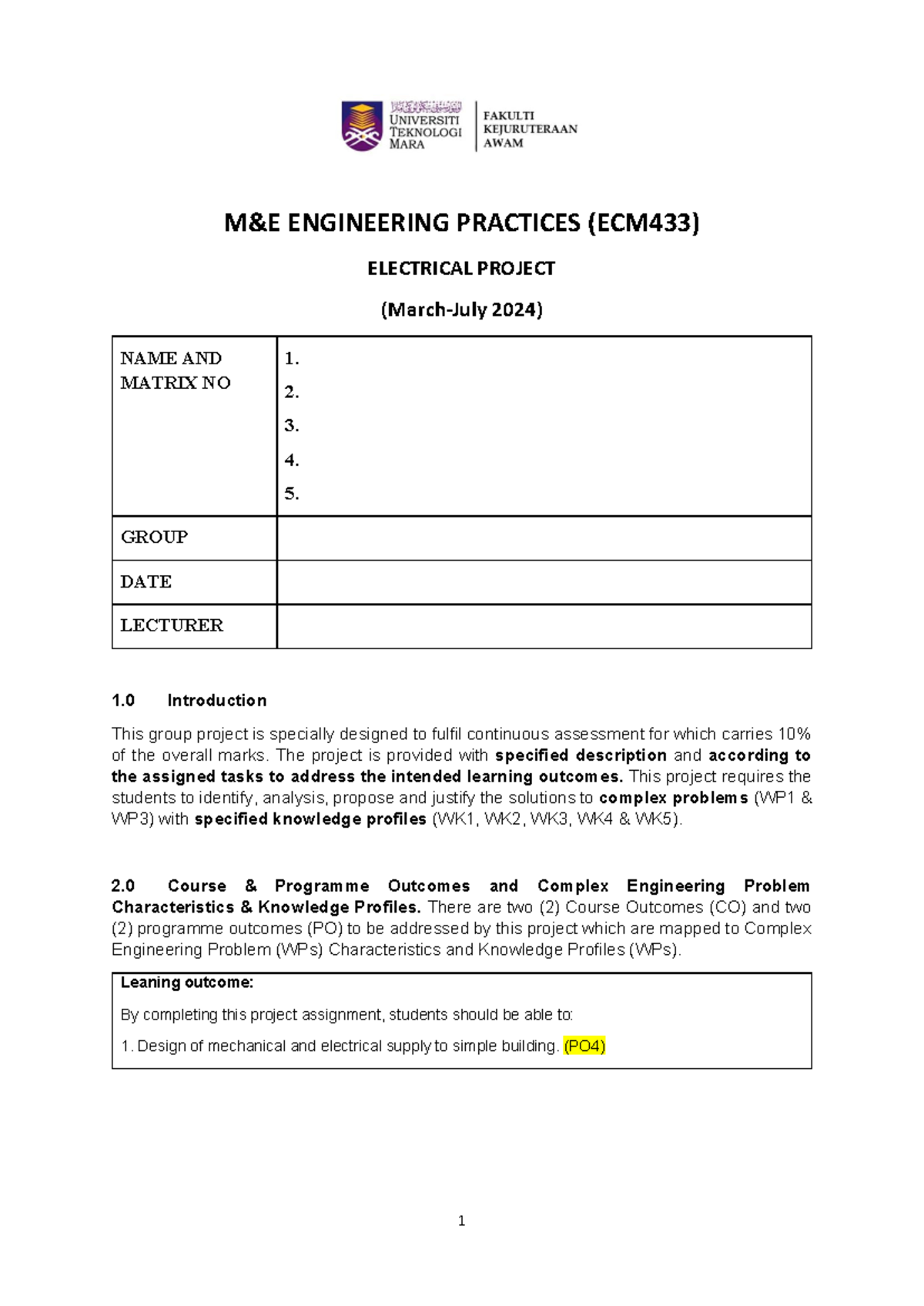 Electrical Design project-March-july 2024 - M&E ENGINEERING PRACTICES ...