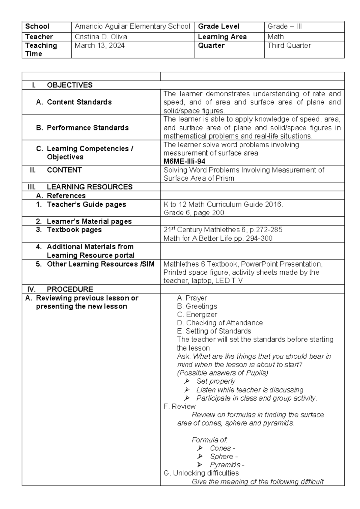 F Inding THE Surface AREA - School Amancio Aguilar Elementary School ...